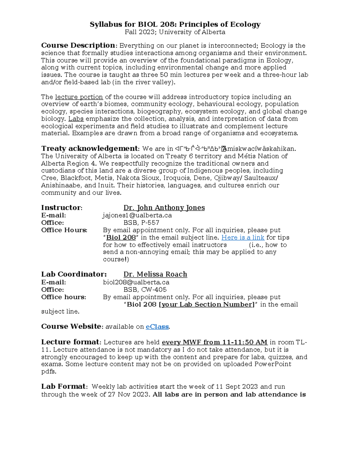BIO 208 Syllabus, Fall 23 - updated 11Sept2023 - Syllabus for BIOL 208 ...