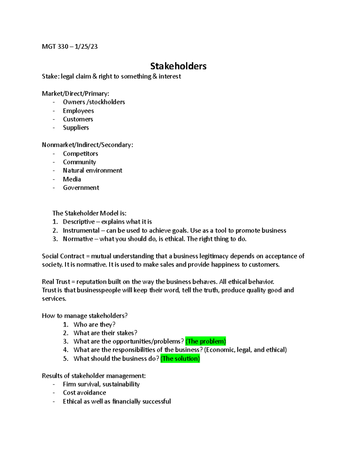 MGT 330- Stakeholders - Stakeholder Lecture Notes - MGT 330 – 1/25 ...