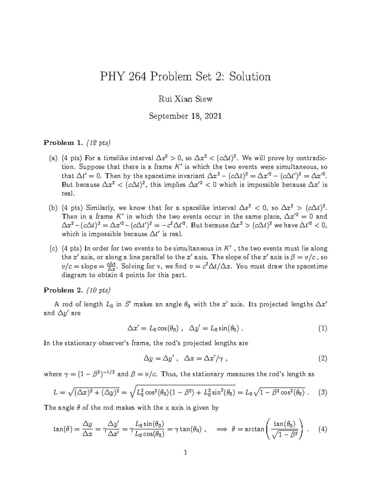 PHY264 Pset2 Solution - PHY 264 Problem Set 2: Solution Rui Xian Siew ...