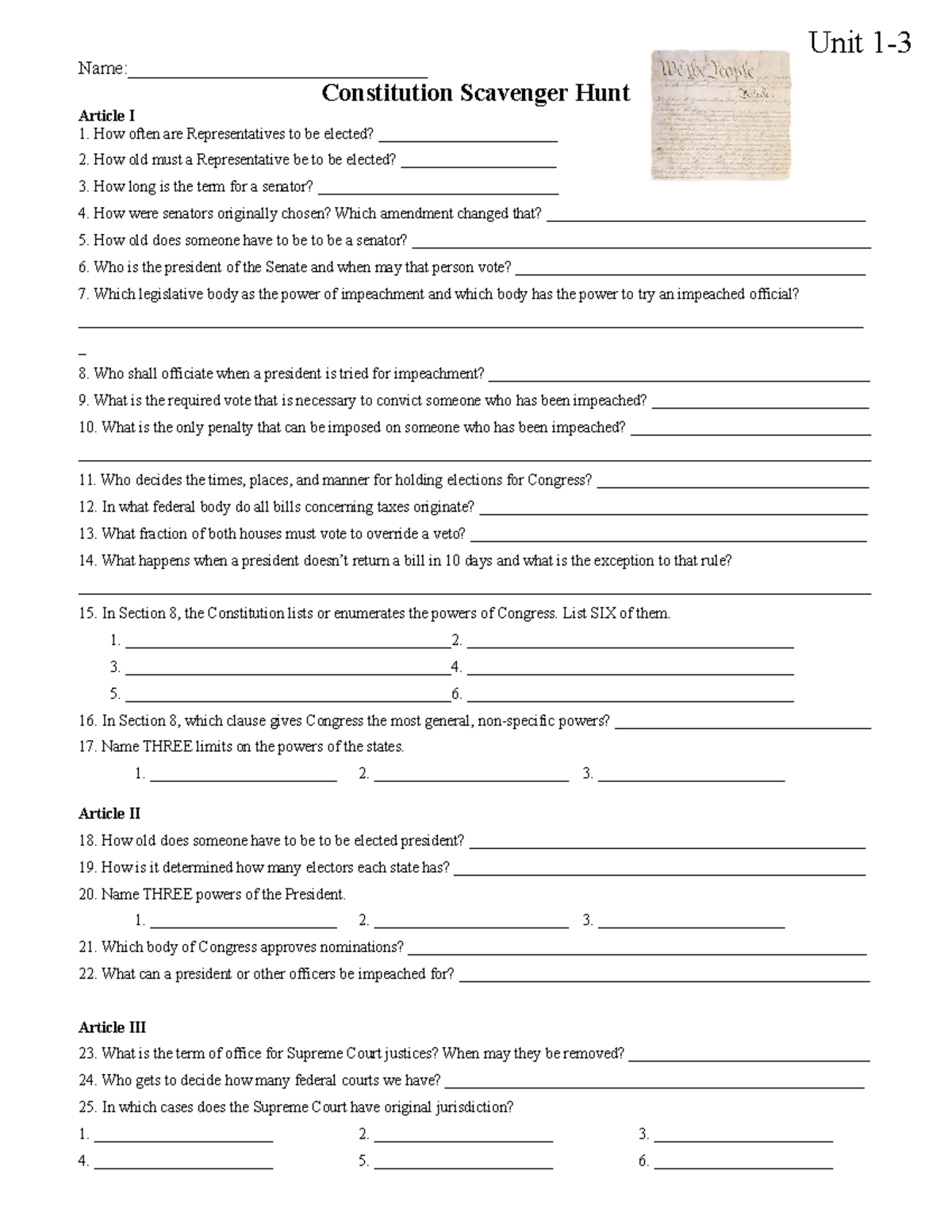 3 Constitution Scavenger Hunt Name