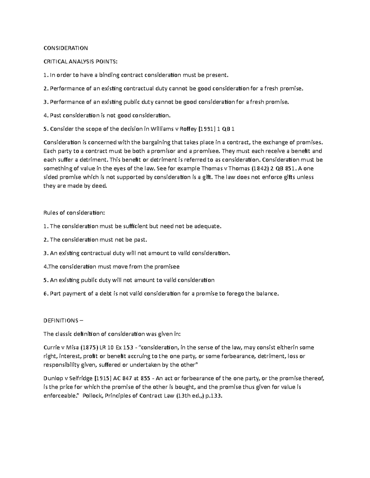 Considration - Contract Law - CONSIDERATION CRITICAL ANALYSIS POINTS ...
