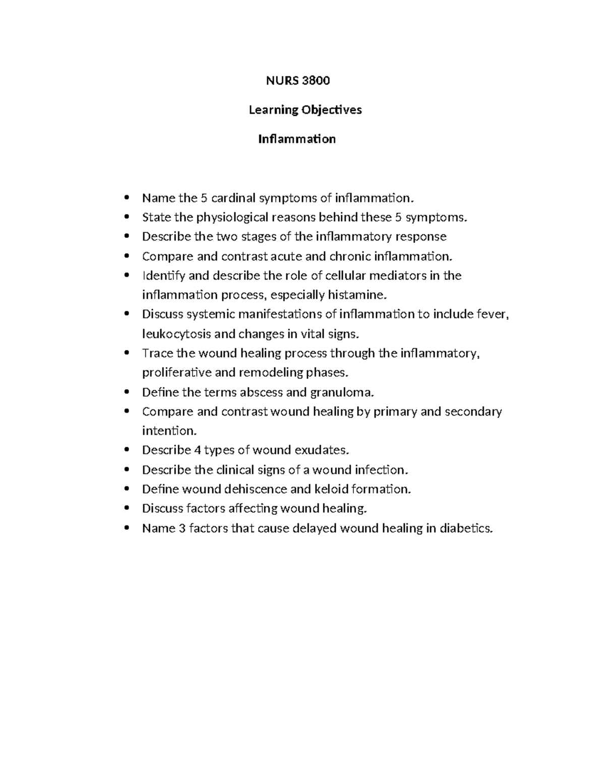 Inflammation Learning Objectives - NURS 3800 Learning Objectives ...
