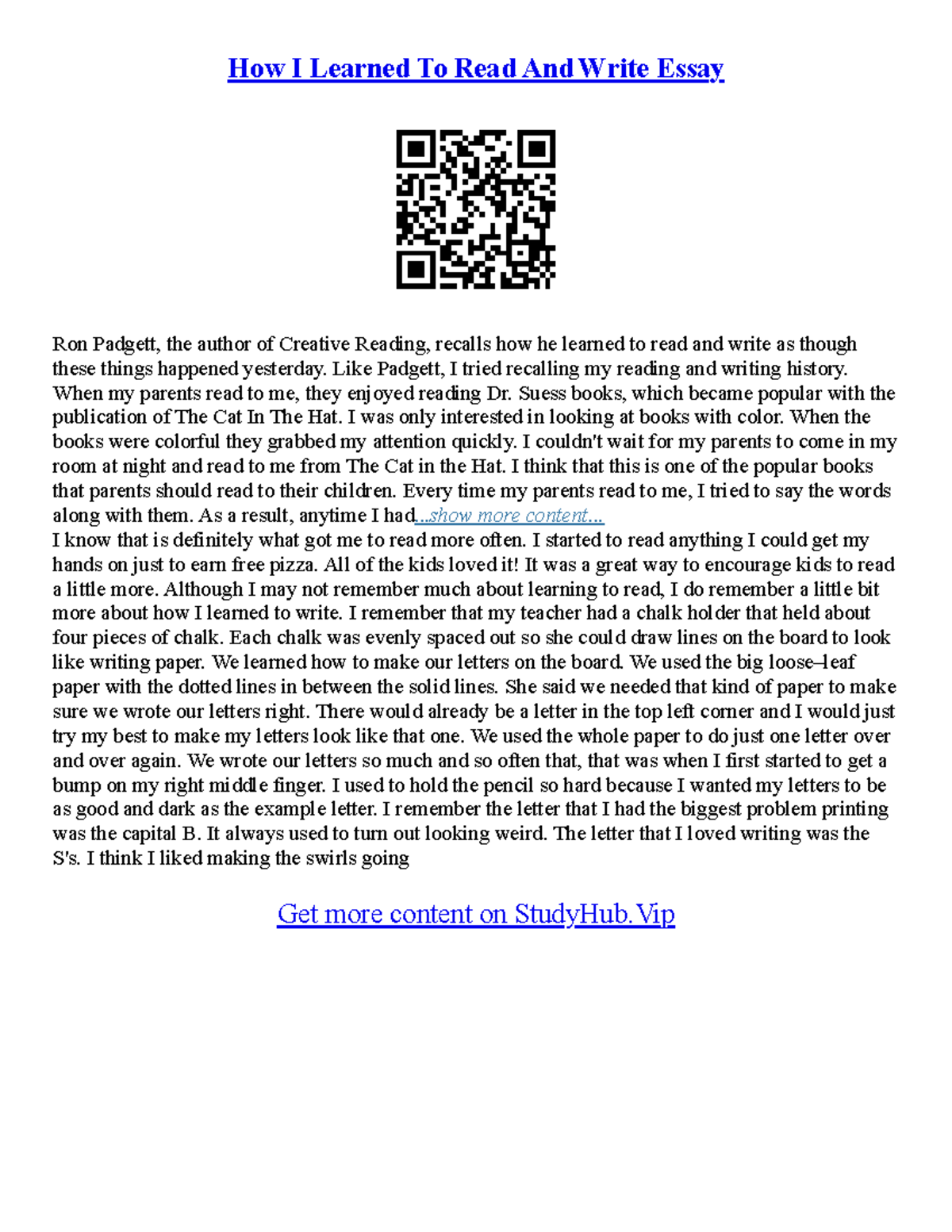 Narrative Essays To Read - How I Learned To Read And Write Essay Ron ...