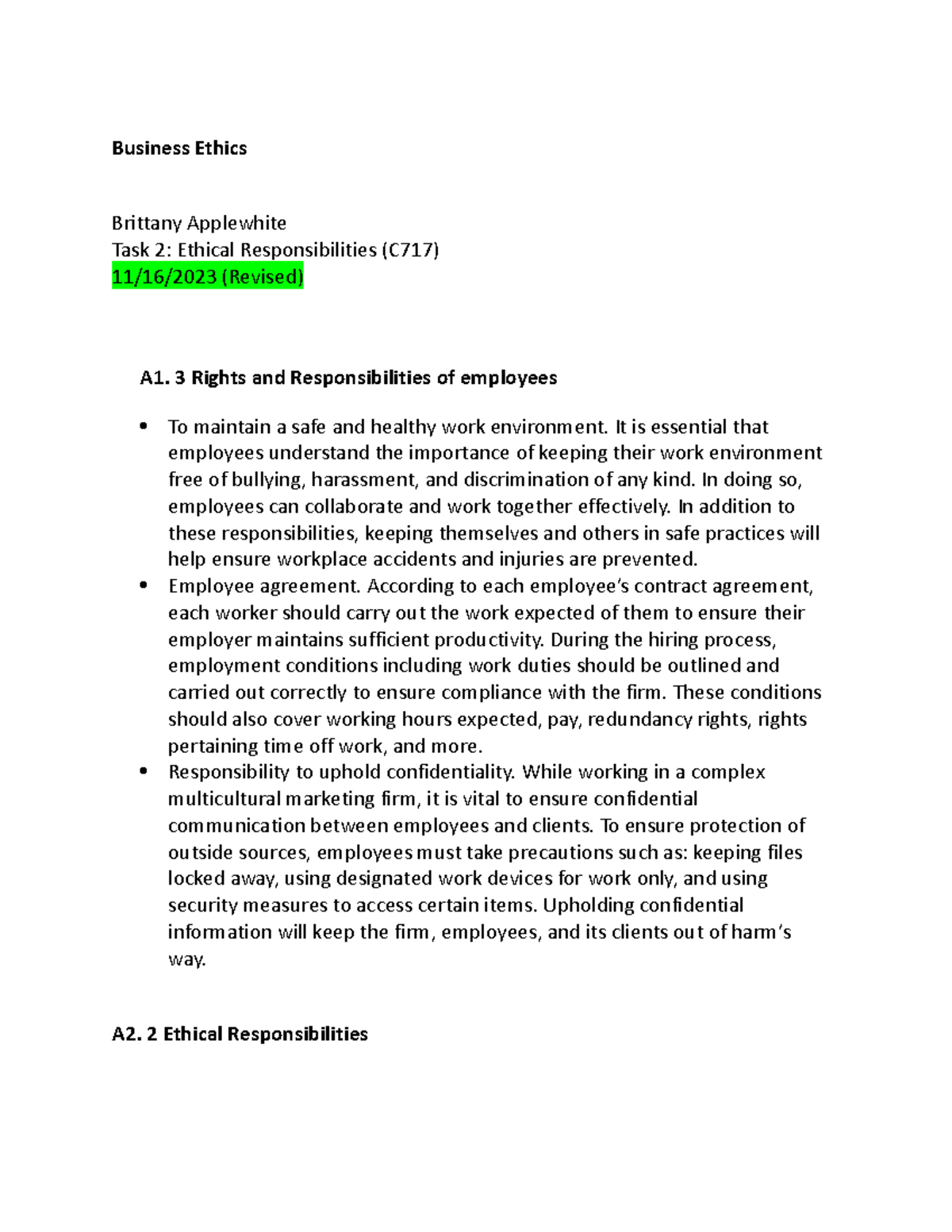 Business Ethics Task 2 - Business Ethics Brittany Applewhite Task 2 ...