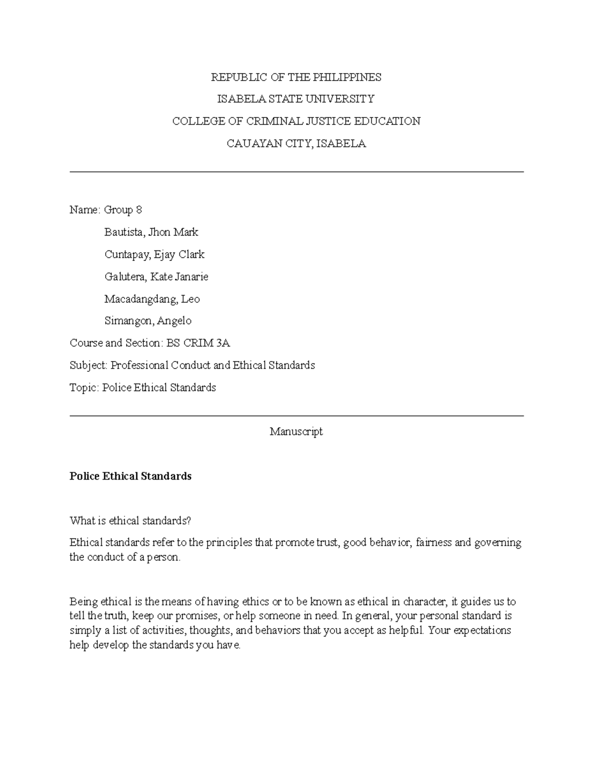 ethical standards - REPUBLIC OF THE PHILIPPINES ISABELA STATE UNIVERSITY COLLEGE OF CRIMINAL ...