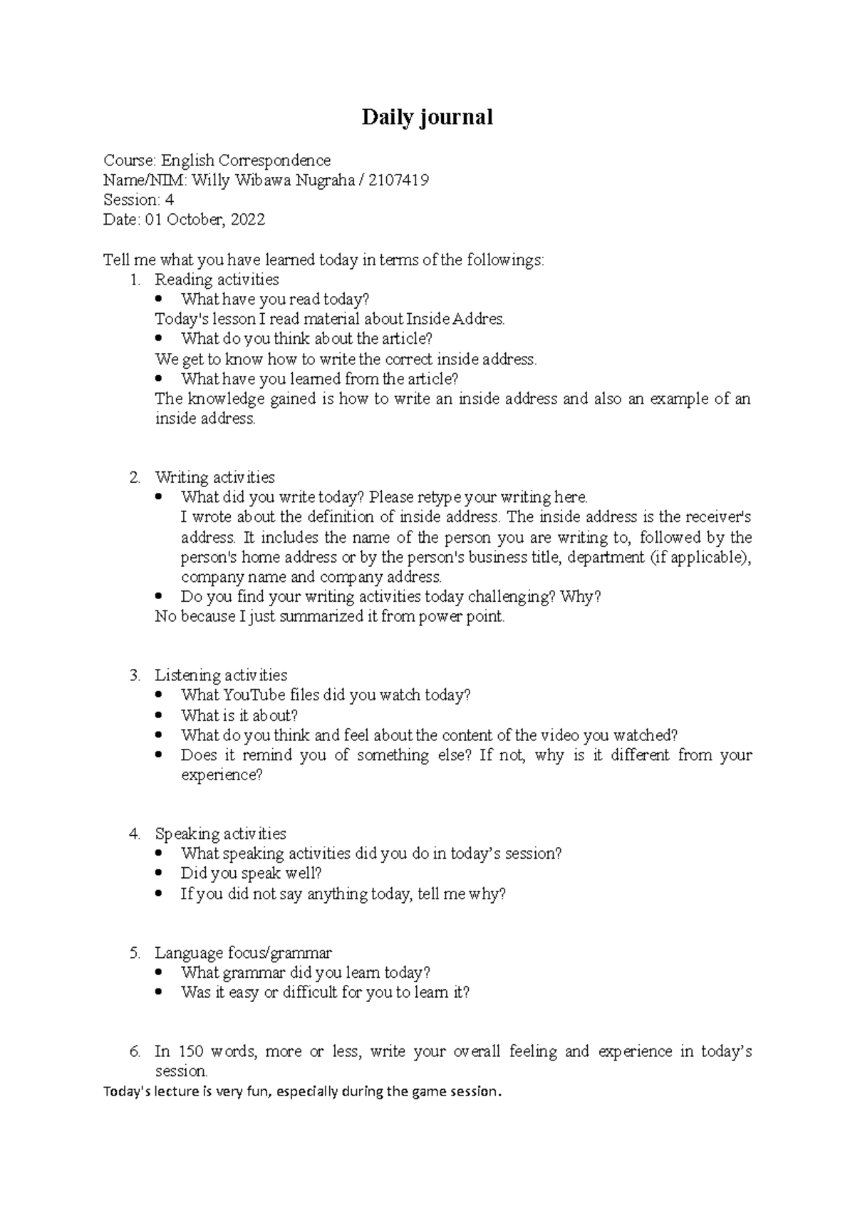 Daily journal at English Course to reflect student's understanding ...