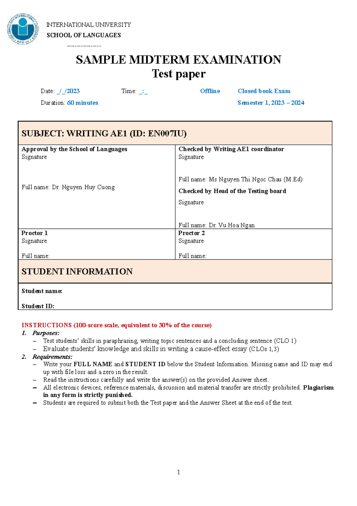 AE1 Writing Midterm Sample Test (since 2324) - Test paper ...
