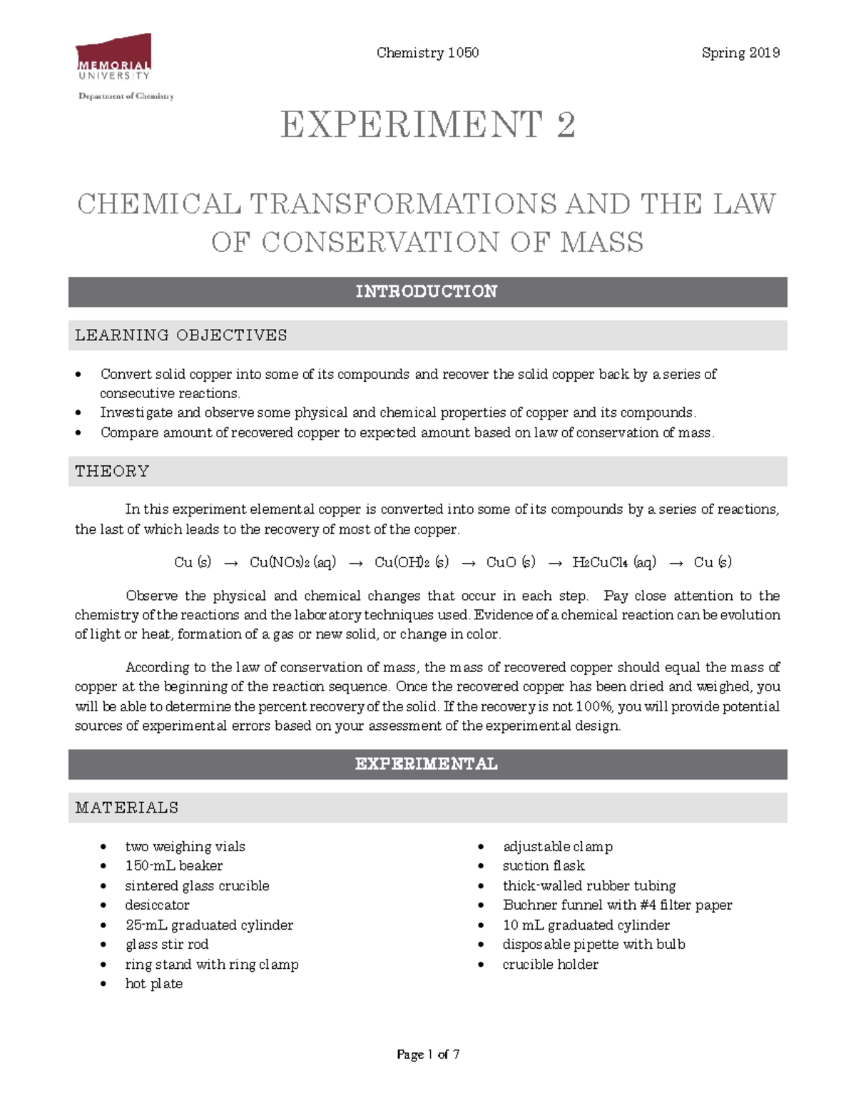Chemistry 1050 Lab 2 - Chemistry 1050 Spring 2019 EXPERIMENT 2 CHEMICAL ...