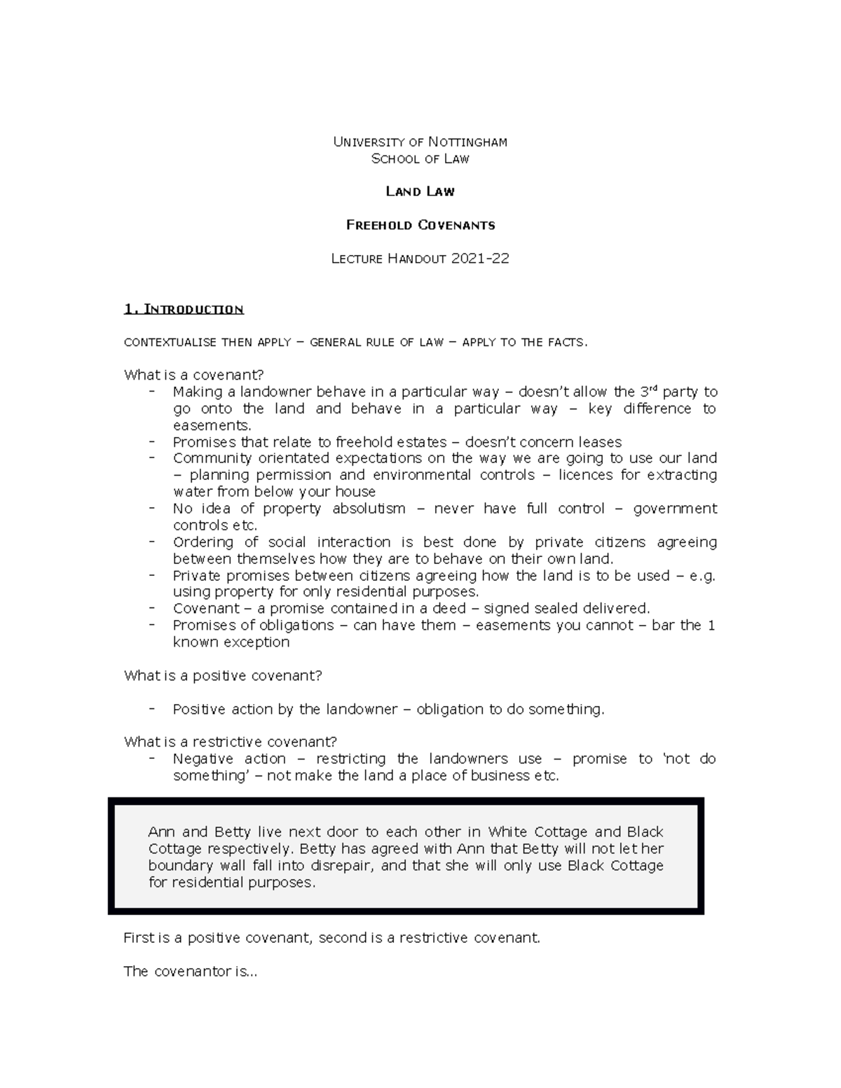 Covenants Handout - UNIVERSITY OF NOTTINGHAM SCHOOL OF LAW LAND LAW ...