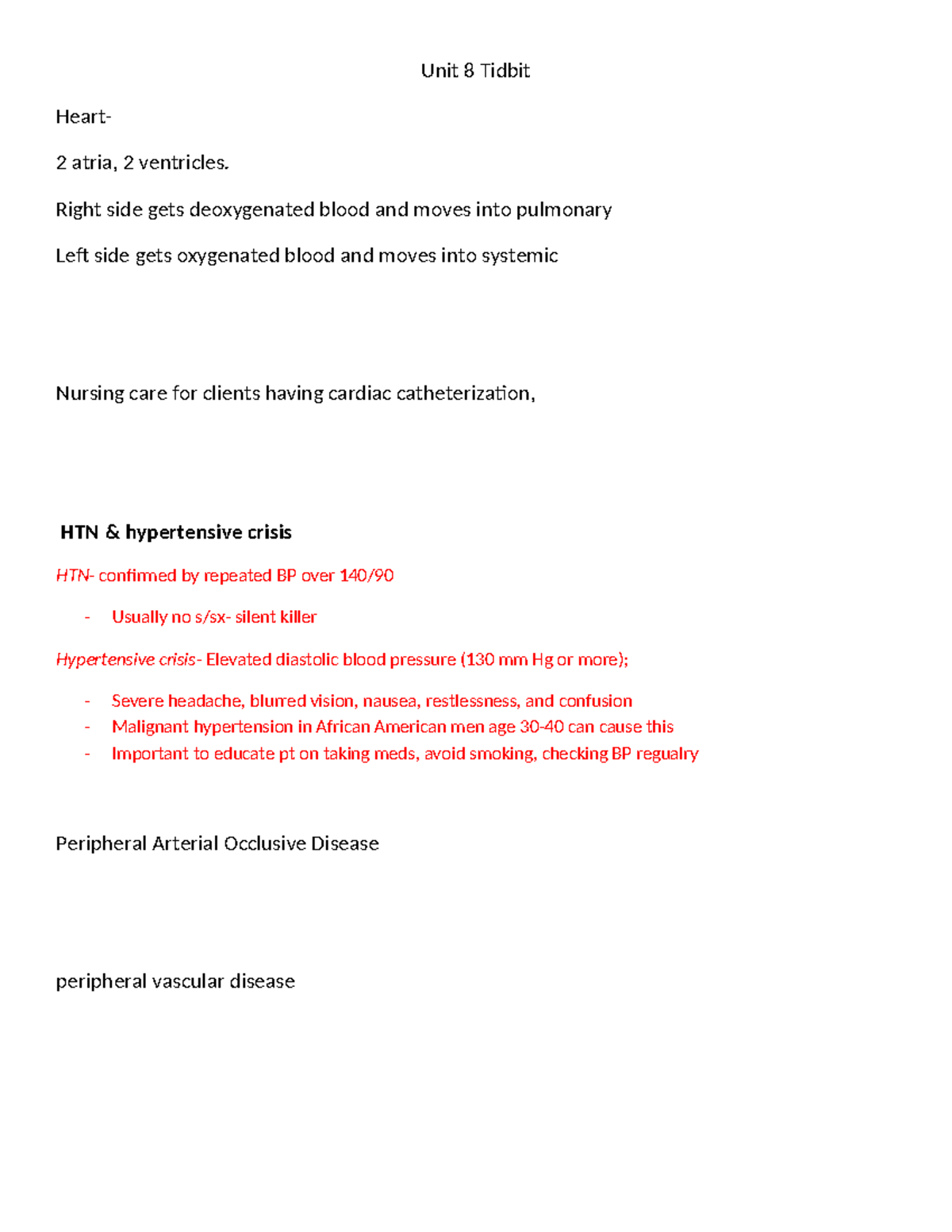 Tidbit Cardiac - Unit 8 Tidbit Heart- 2 atria, 2 ventricles. Right side ...