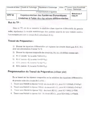 Tp asserreg 02 3al-eln - tp01 - TP Asservissement et Régulation - Studocu