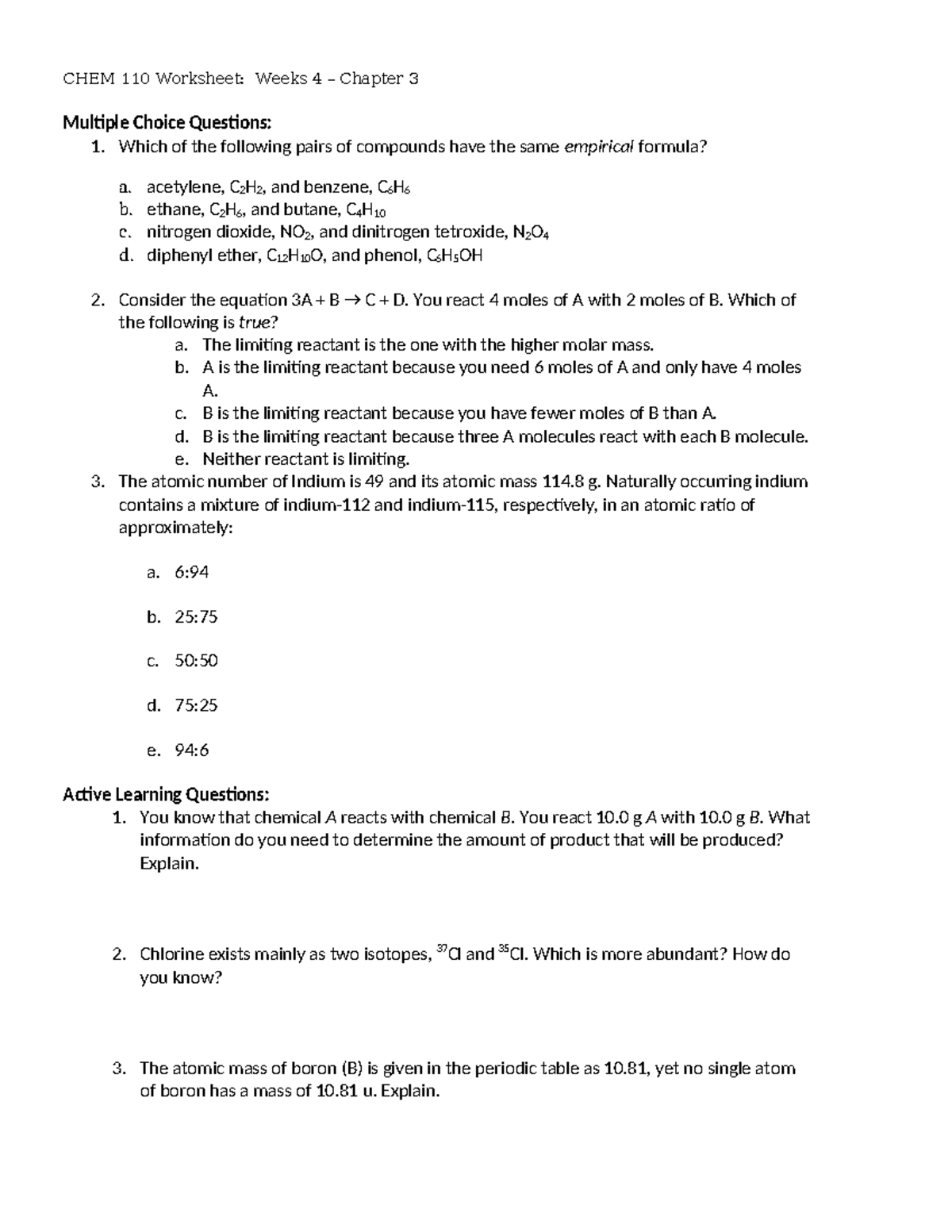 3-CHEM 110 Worksheet week 4 Ch3 - CHEM 110 Worksheet: Weeks 4 – Chapter ...
