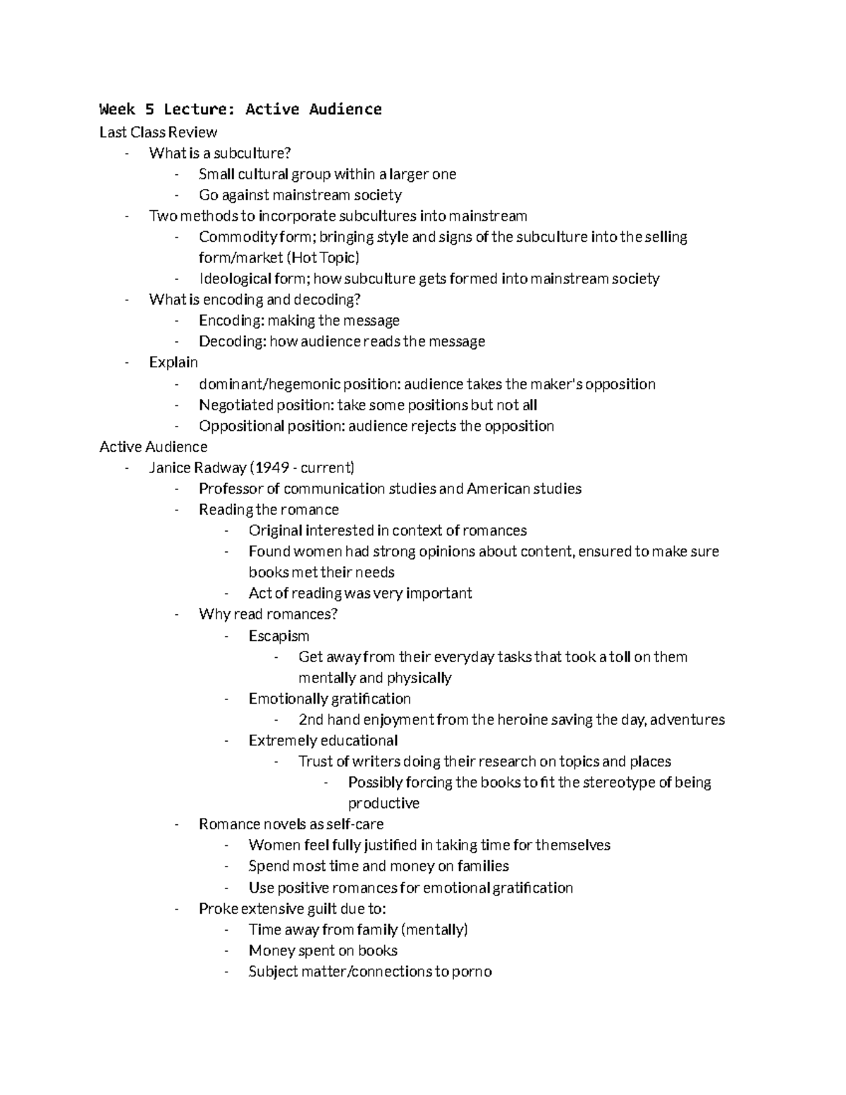 J 314 Active Audience Lecture (Week 5) - Week 5 Lecture: Active Audience Last Class Review ...