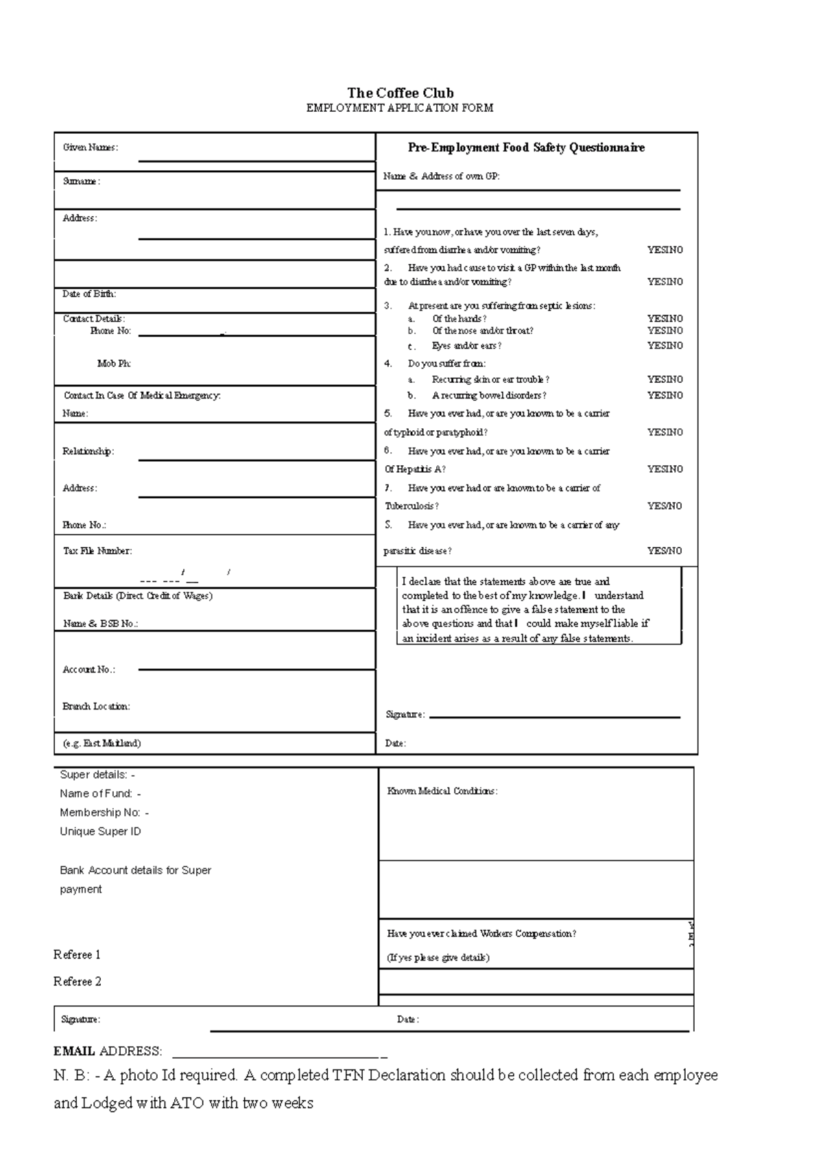 Employment Application Form - The Coffee Club EMPLOYMENT APPLICATION ...