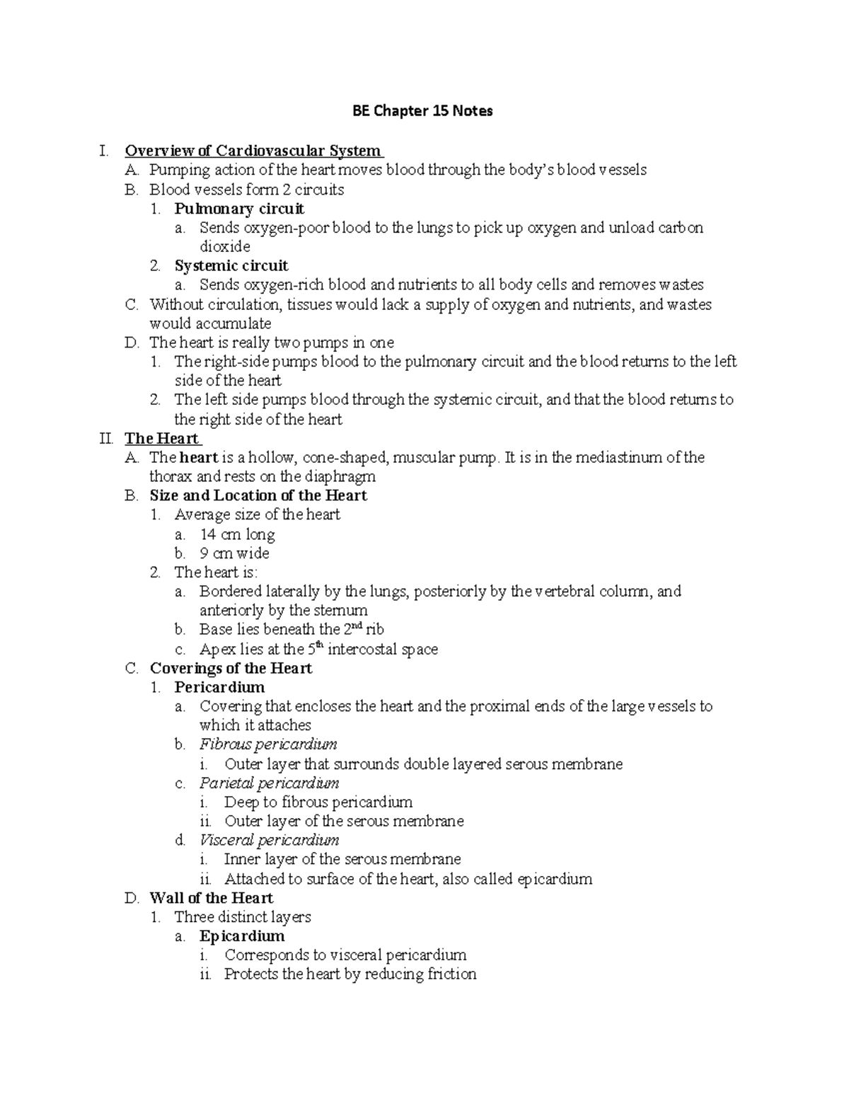 BE Chapter 15 Notes - BE Chapter 15 Notes I. Overview of Cardiovascular ...