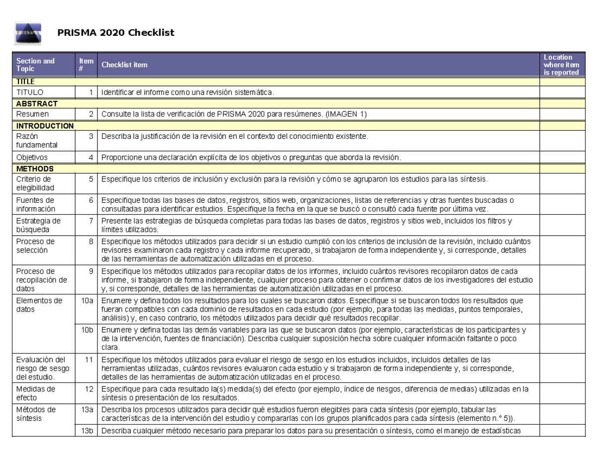 Prisma 2020 checklist - SEMINARIO - Section and Topic Item # Checklist ...