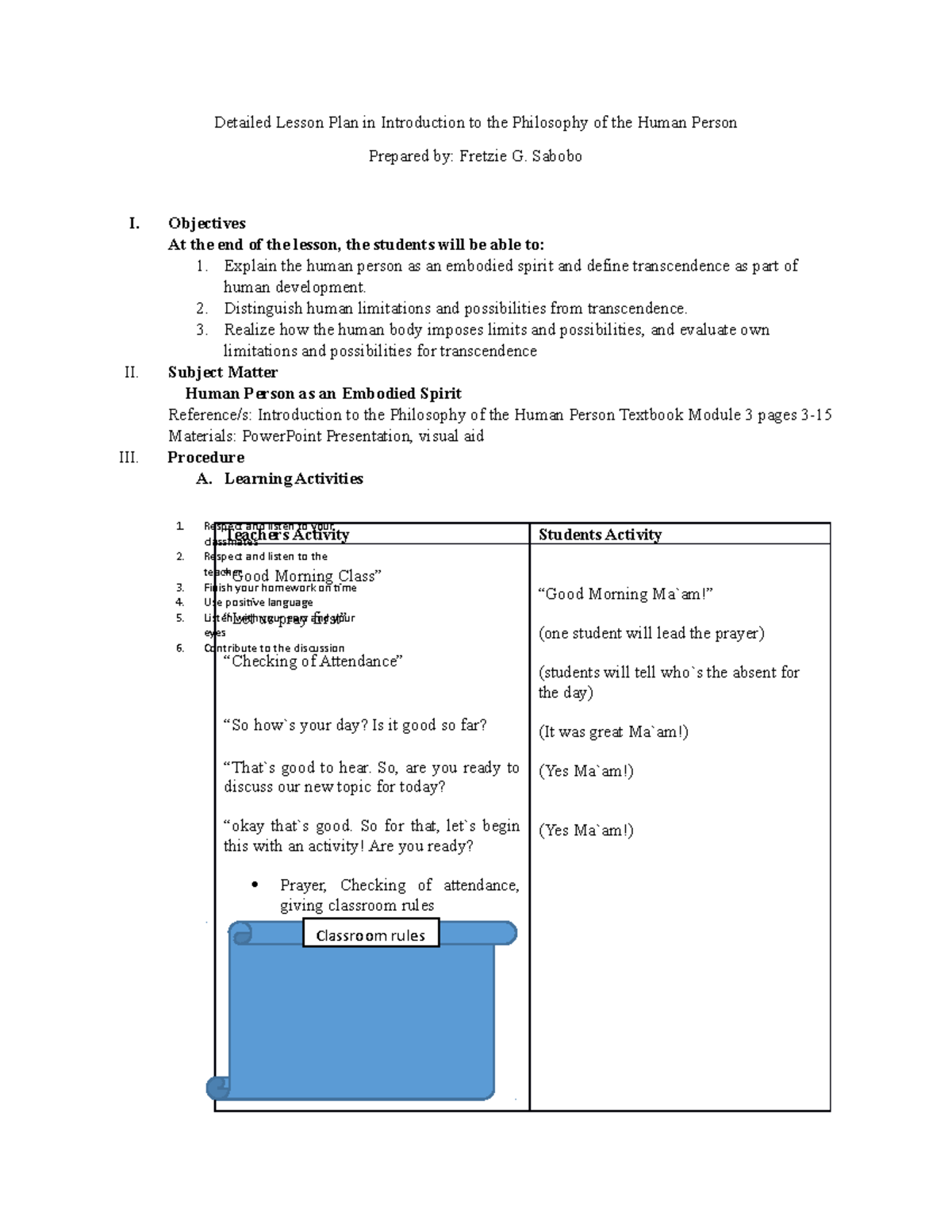 Philosophy lesson plan - Detailed Lesson Plan in Introduction to the ...