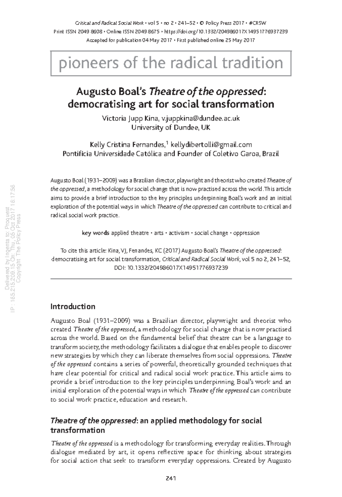 Augusto Boal's Theatre of the Oppressed - Delivered by Ingenta to ...