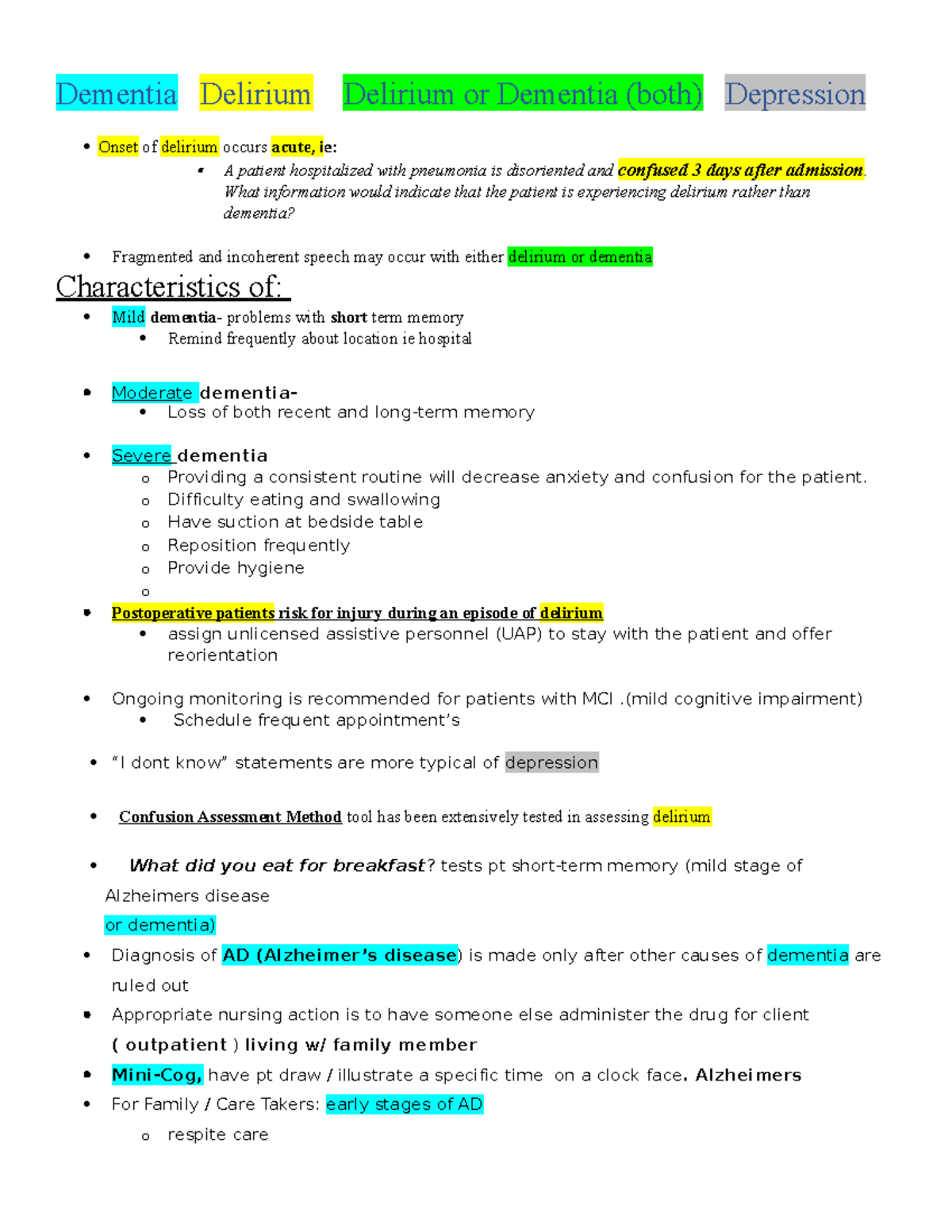 DD Reminder Study Notes - Dementia Delirium Delirium or Dementia (both ...