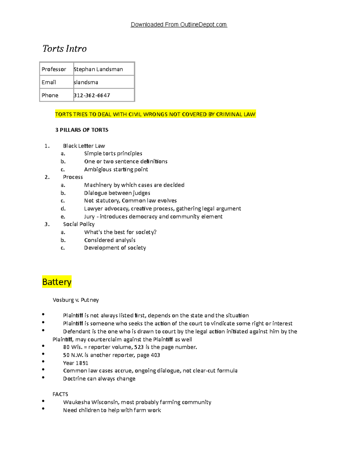 Torts Outline - Downloaded From OutlineDepot Torts Intro Professor ...