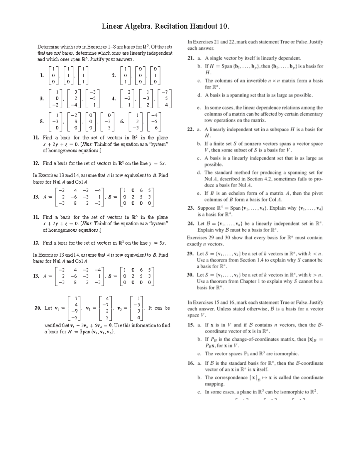 Recitation Handout 10 - reciataion - Linear Algebra. Recitation Handout ...