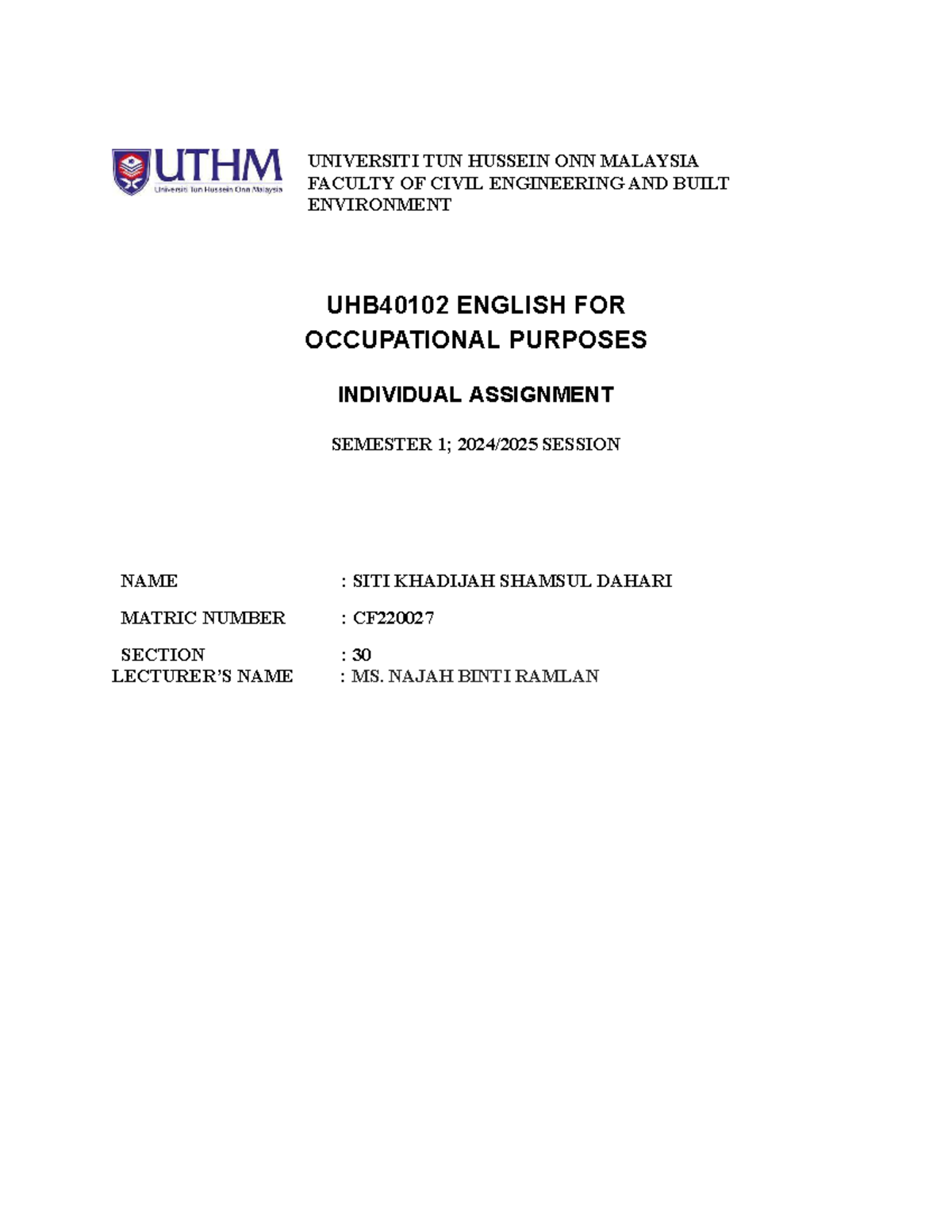 Assignment EOP - UNIVERSITI TUN HUSSEIN ONN MALAYSIA FACULTY OF CIVIL ENGINEERING AND BUILT ...