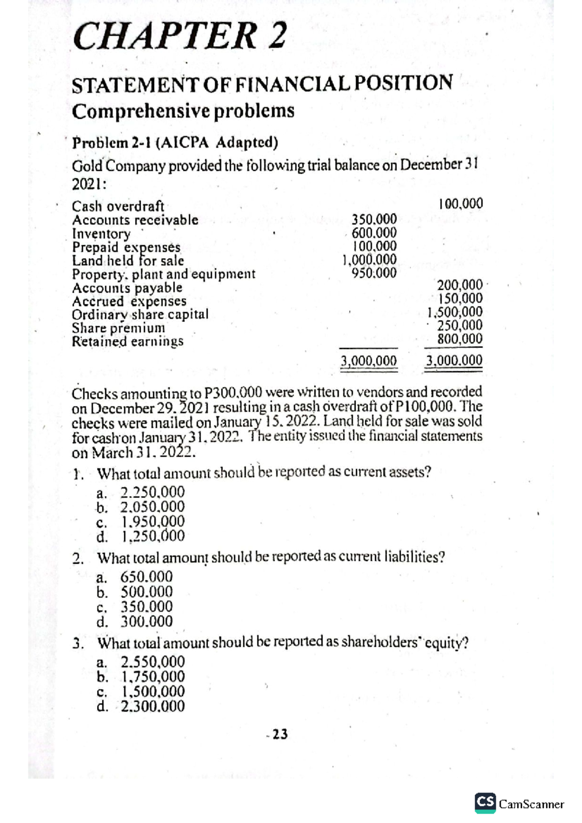 CH2 - Statement of Financial Position (Comprehensive Problems ...