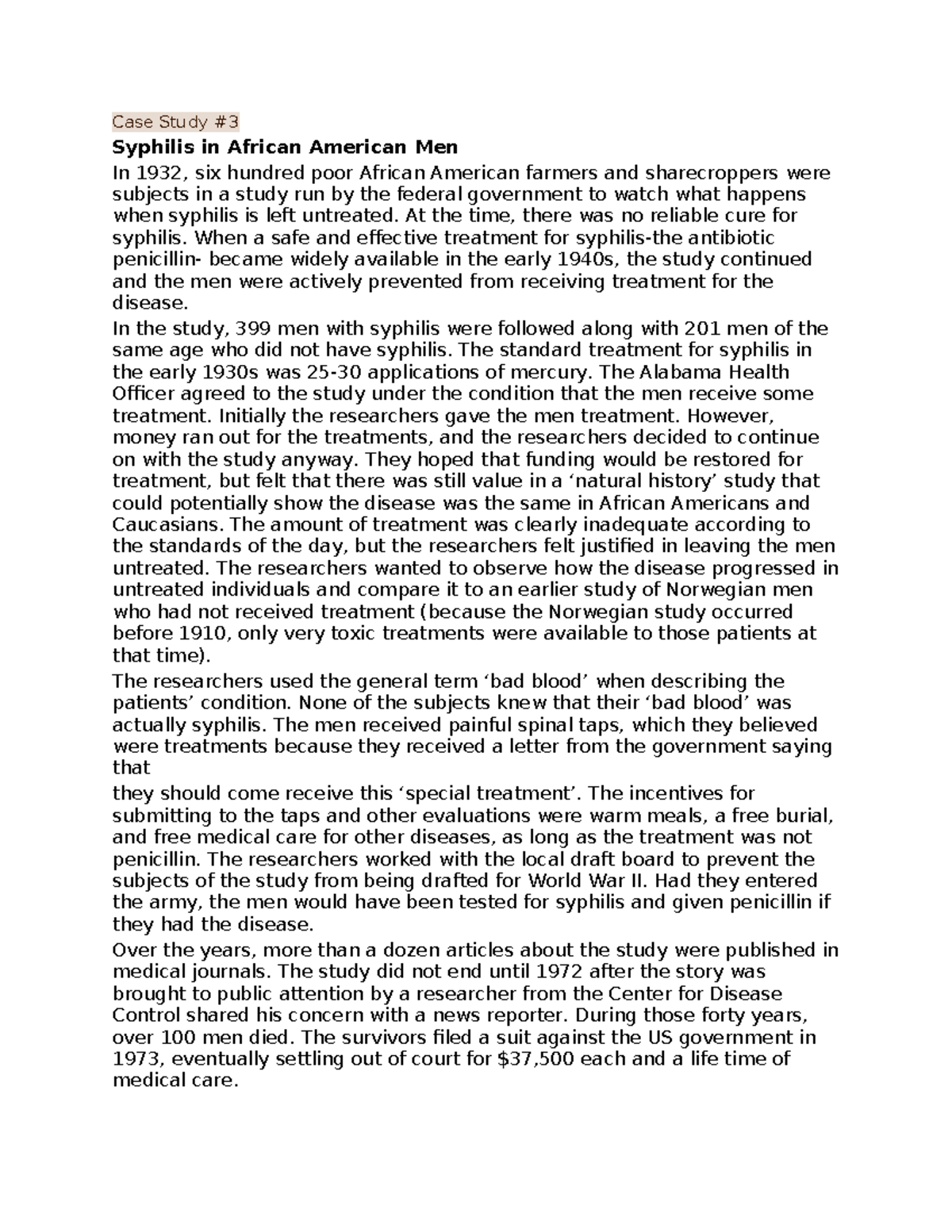Case Study 3-1 - Case Study Syphilis in African American Men In 1932 ...