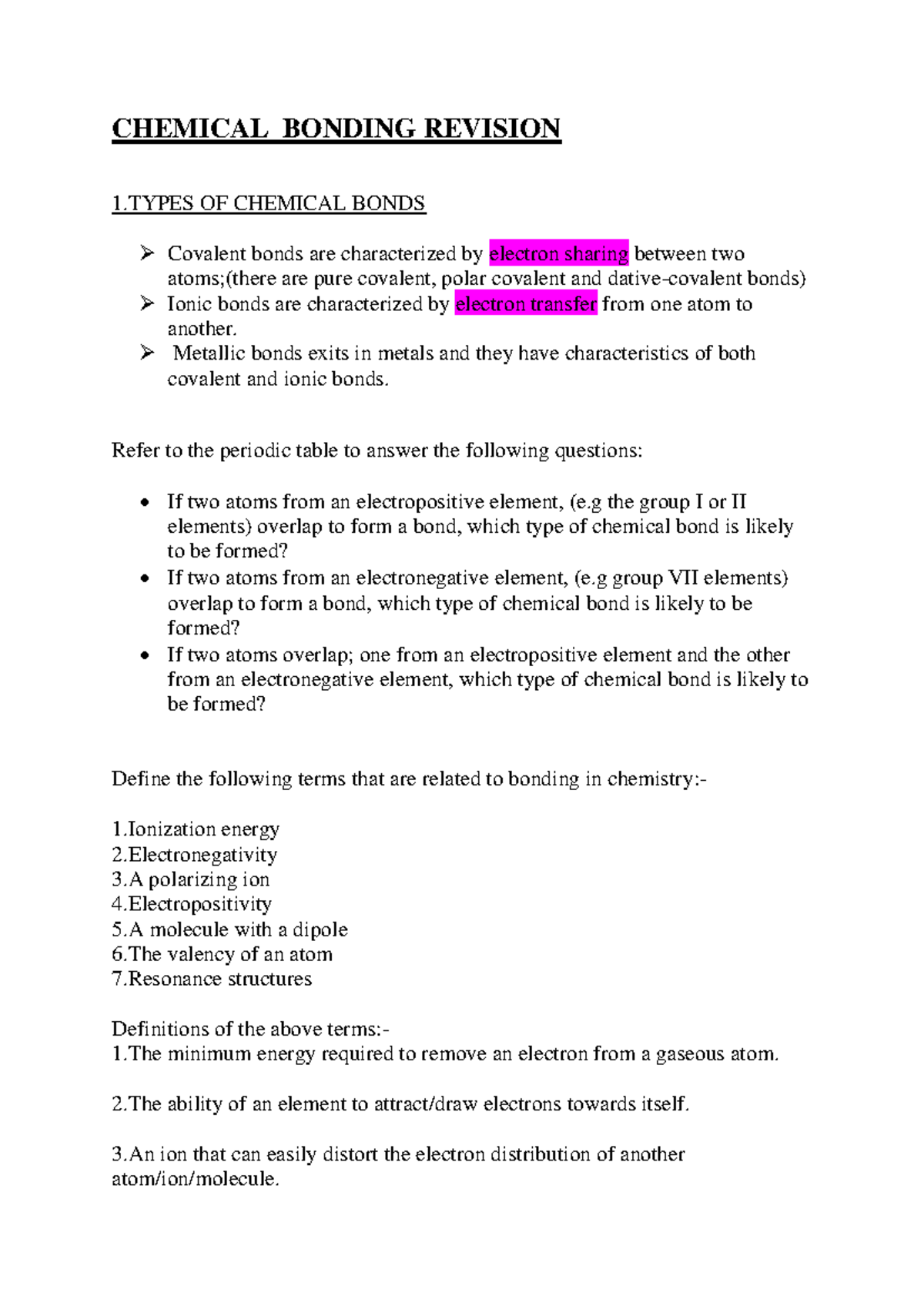 Chemical Bonding Revision S2 - CHEMICAL BONDING REVISION 1 OF CHEMICAL ...