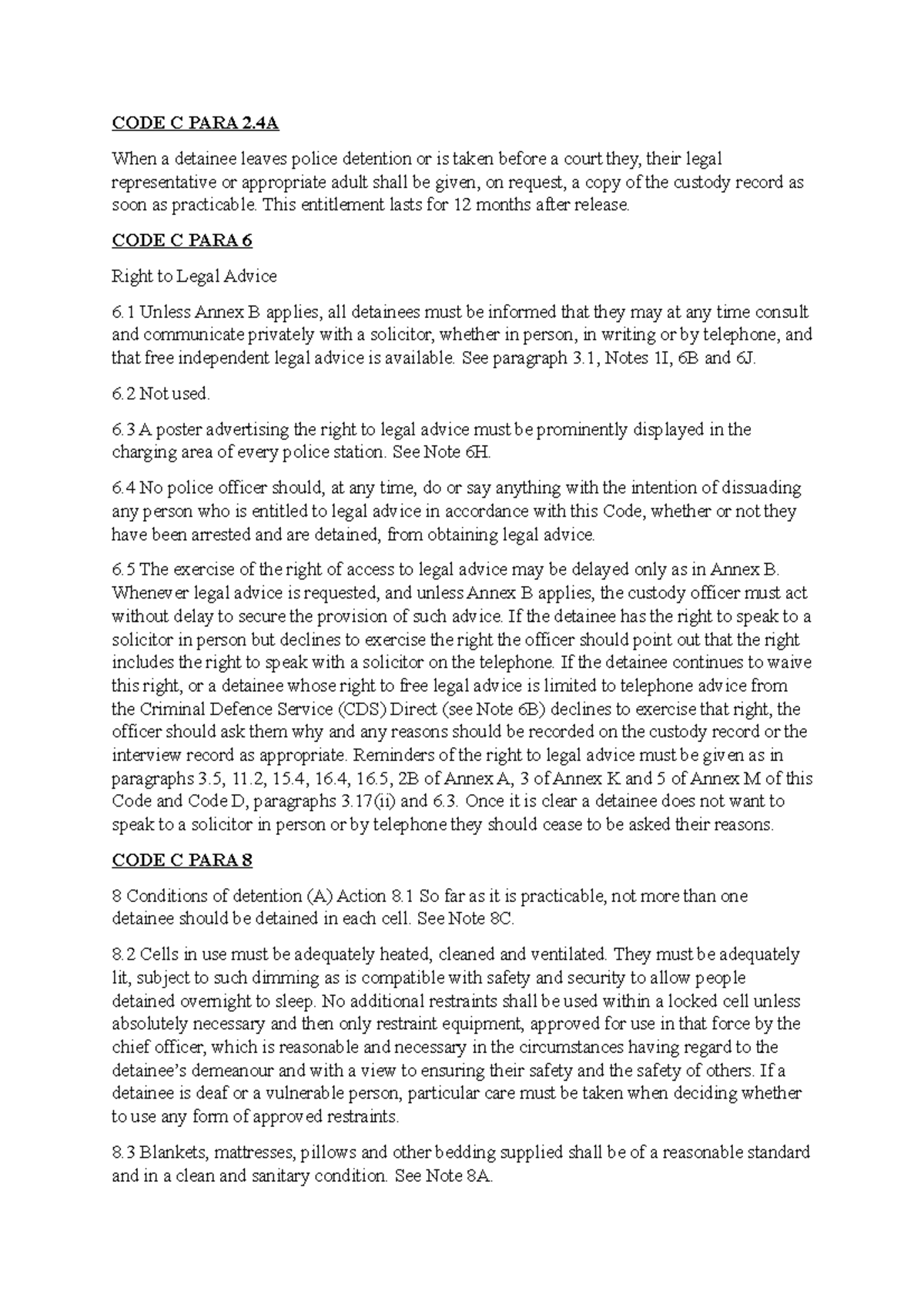 Legislation for Criminal Litigation - CODE C PARA 2 When a detainee ...