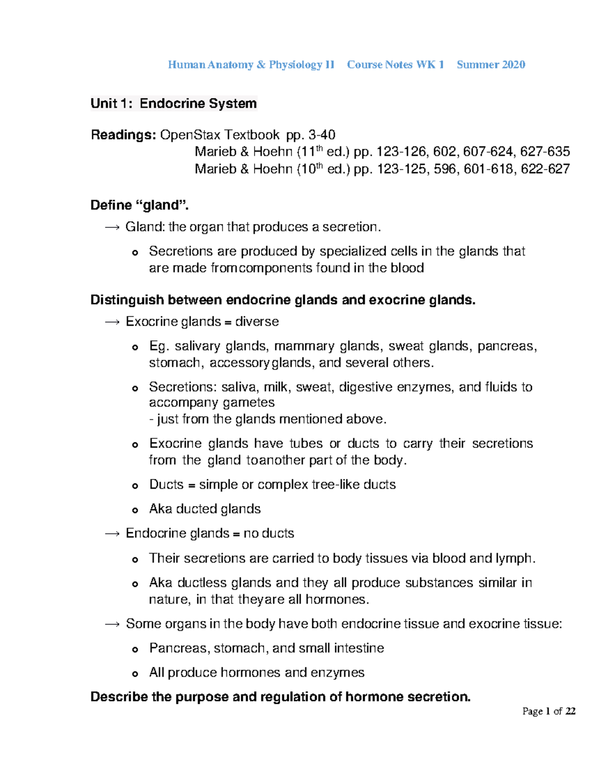 Human Anatomy and Physiology II Endocrine - Unit 1: Endocrine System ...