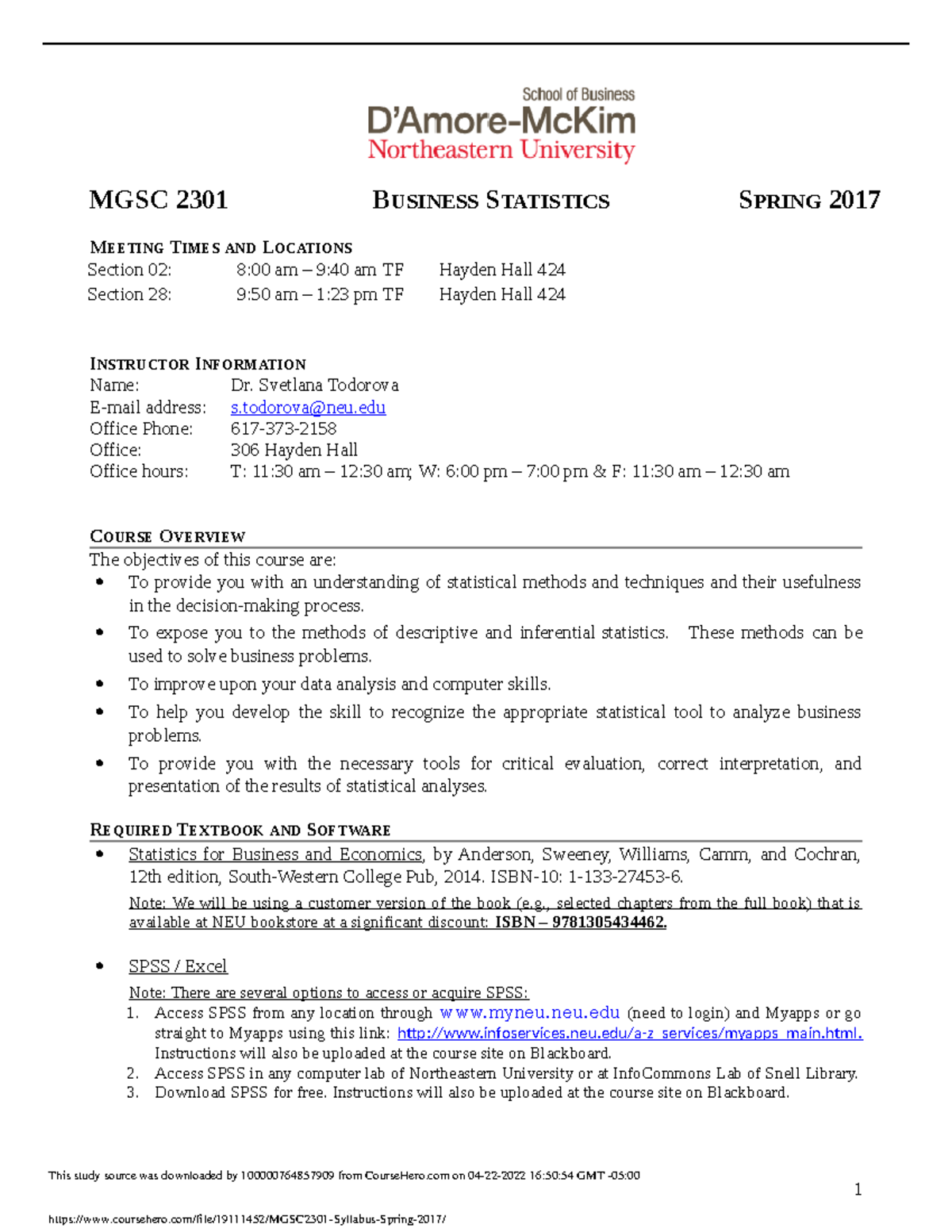 Syllabus For business statistics - MGSC 2301 BUSINESS STATISTICS SPRING ...