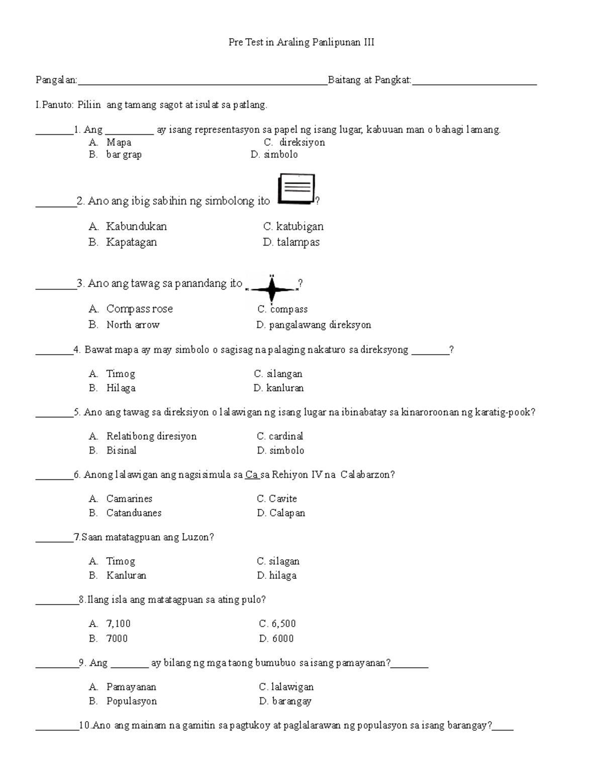 PRE-TEST Araling Panlipunan 3 - Pre Test in Araling Panlipunan III ...