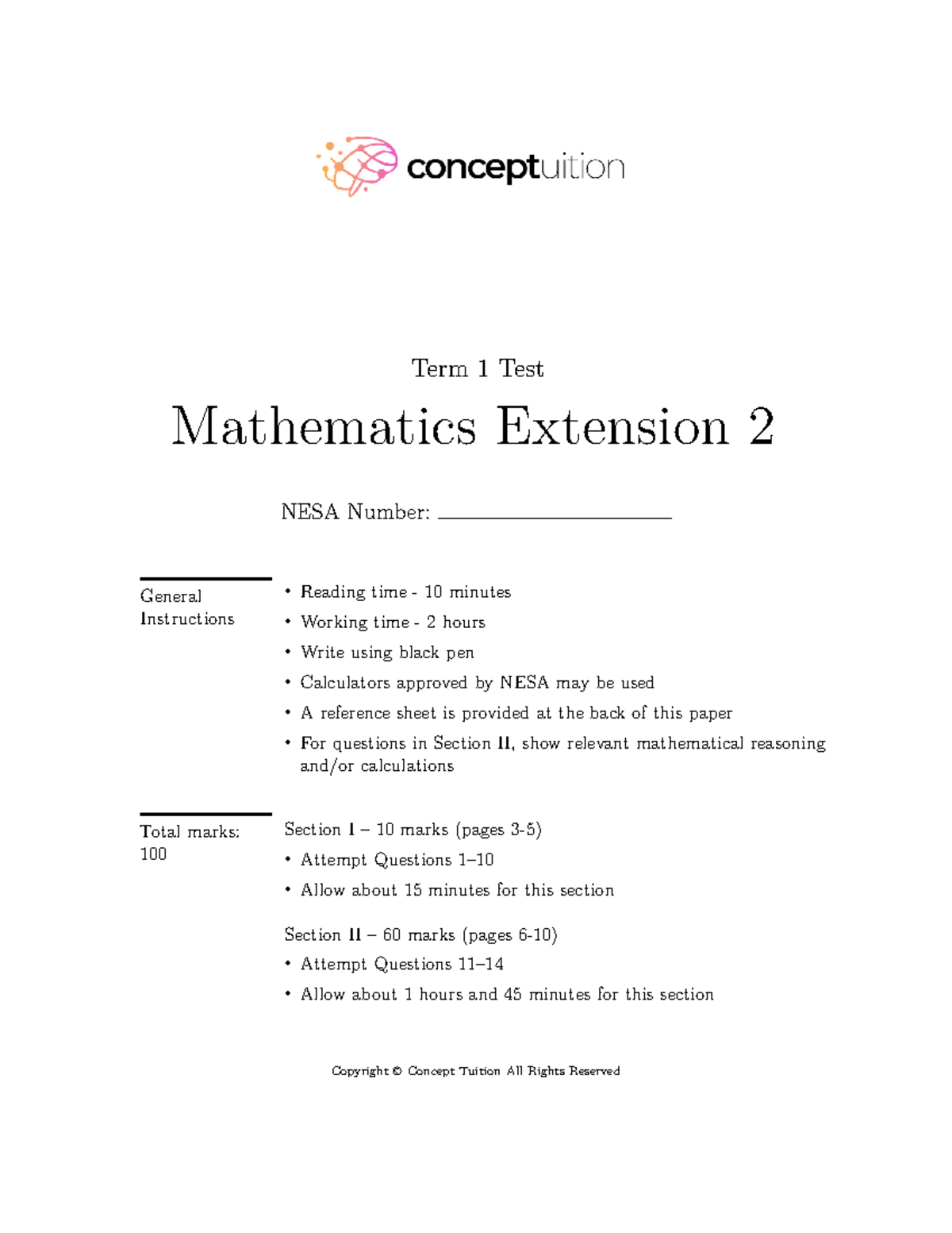4U 1-10 T1 Test - Paper - Term 1 Test Mathematics Extension 2 NESA ...
