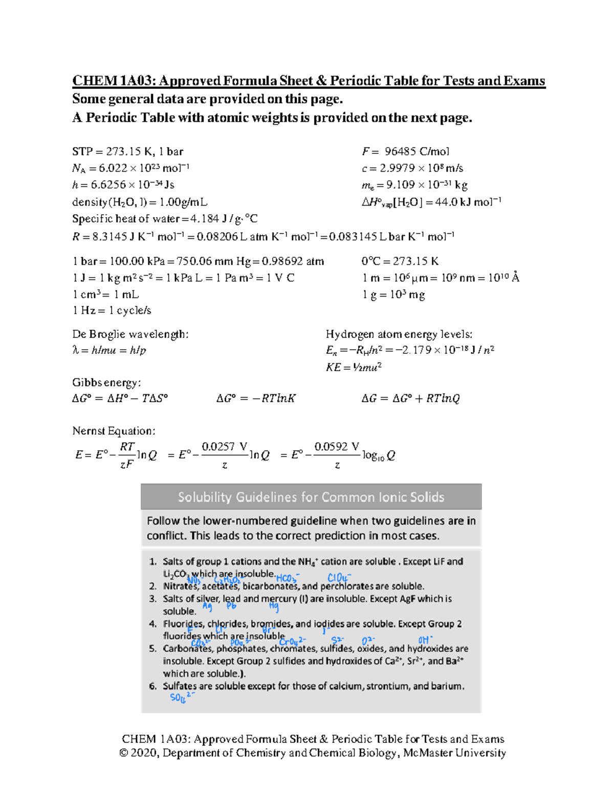 CHEM 1A03 Formula Sheet - CHEM 1A03: Approved Formula Sheet & Periodic ...