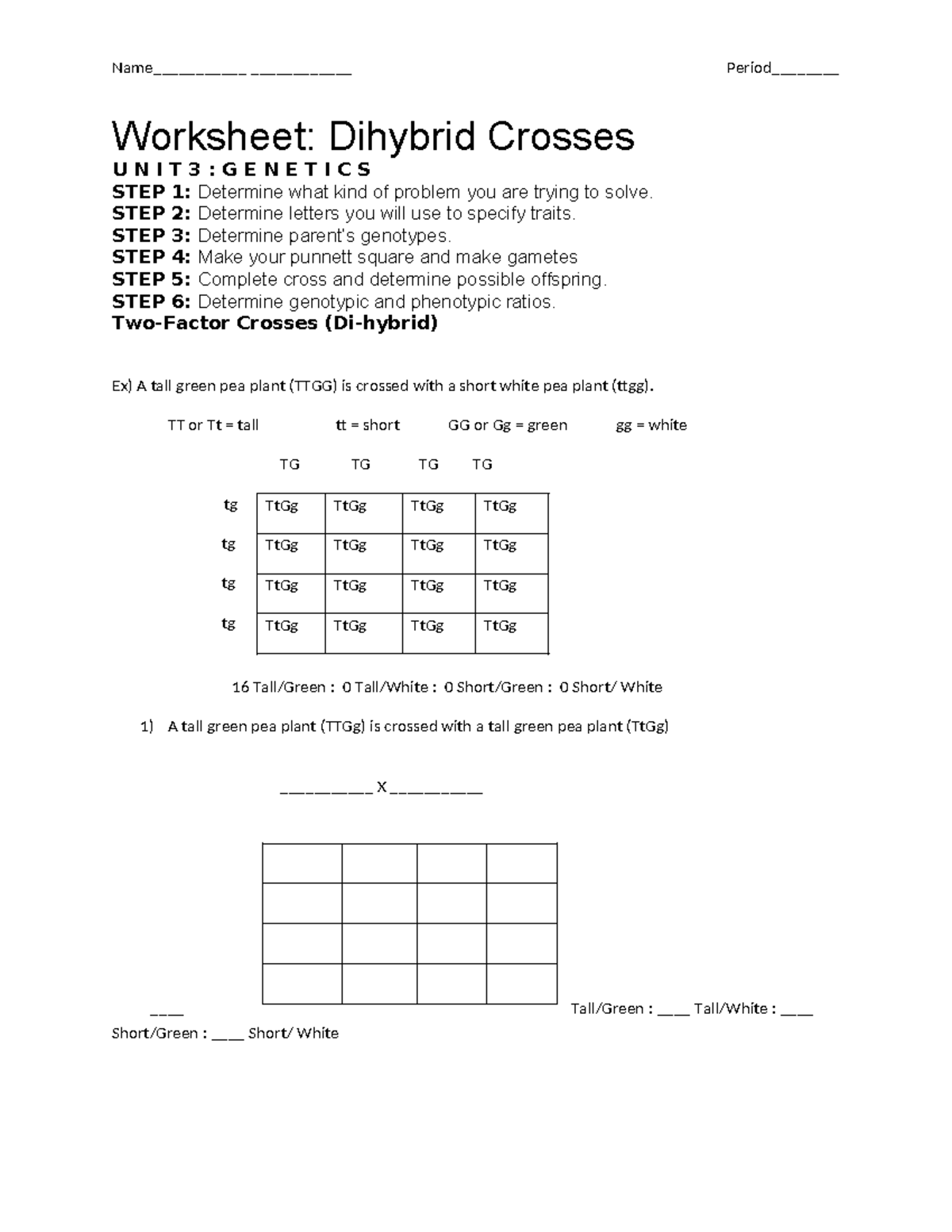 Dihybrid cross WS - practice worksheet - Worksheet: Dihybrid Crosses U ...
