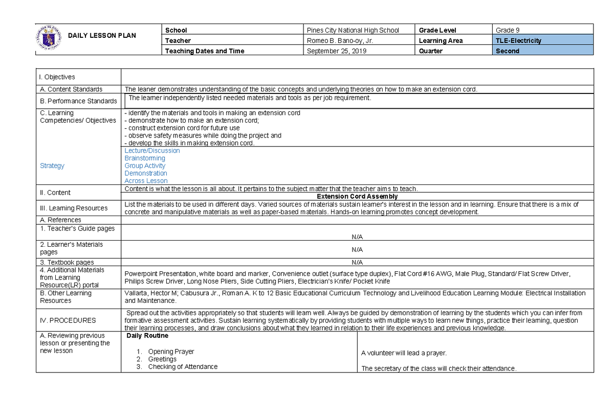 Extension cord assembly - DAILY LESSON PLAN School Pines City National ...