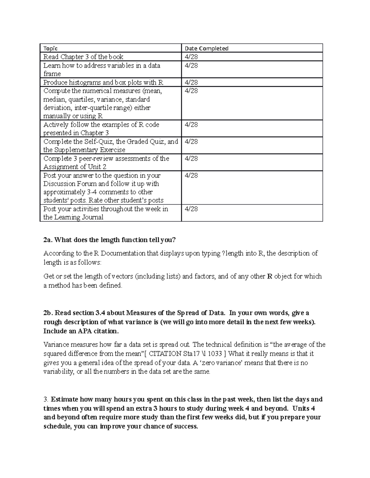 Week 3 Learning Journal Intro to Stats - Topic Date Completed Read ...