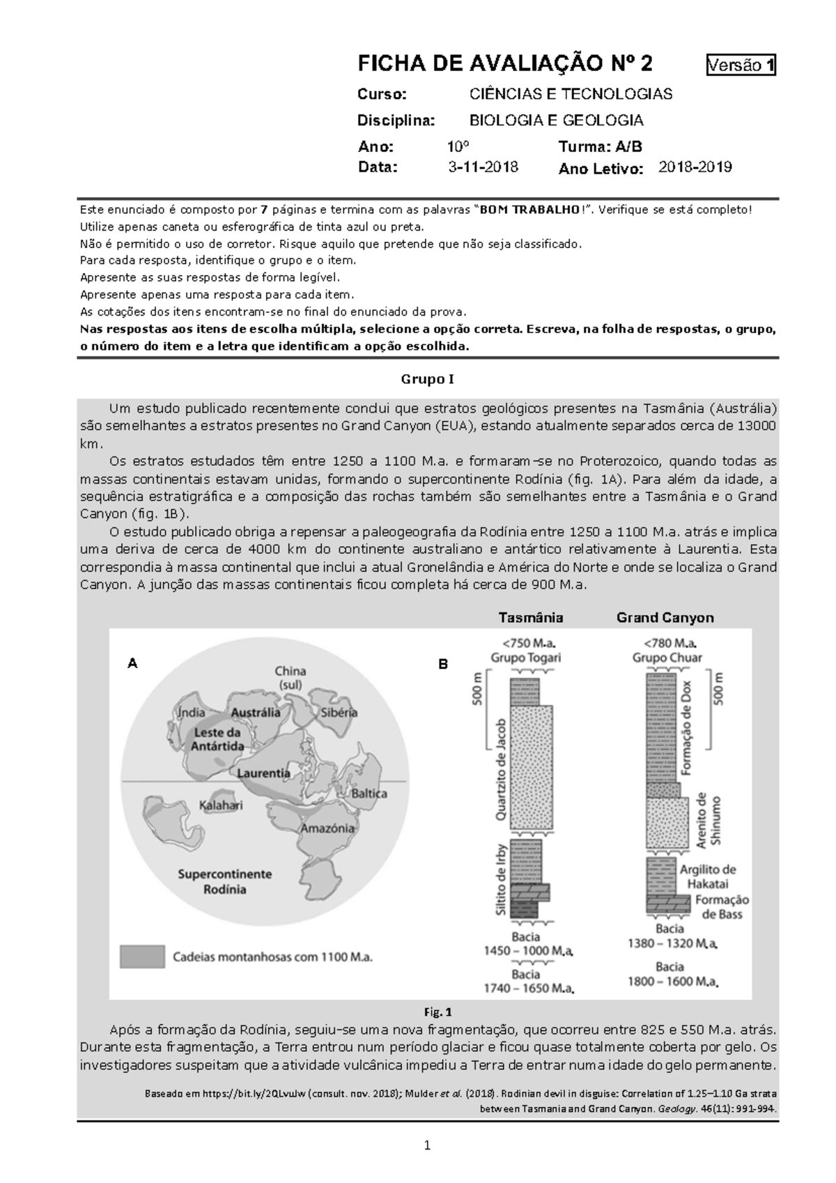 Teste 2 - BG 10.º Ano - FICHA DE AVALIAÇÃO Nº 2 Versão 1 Curso ...