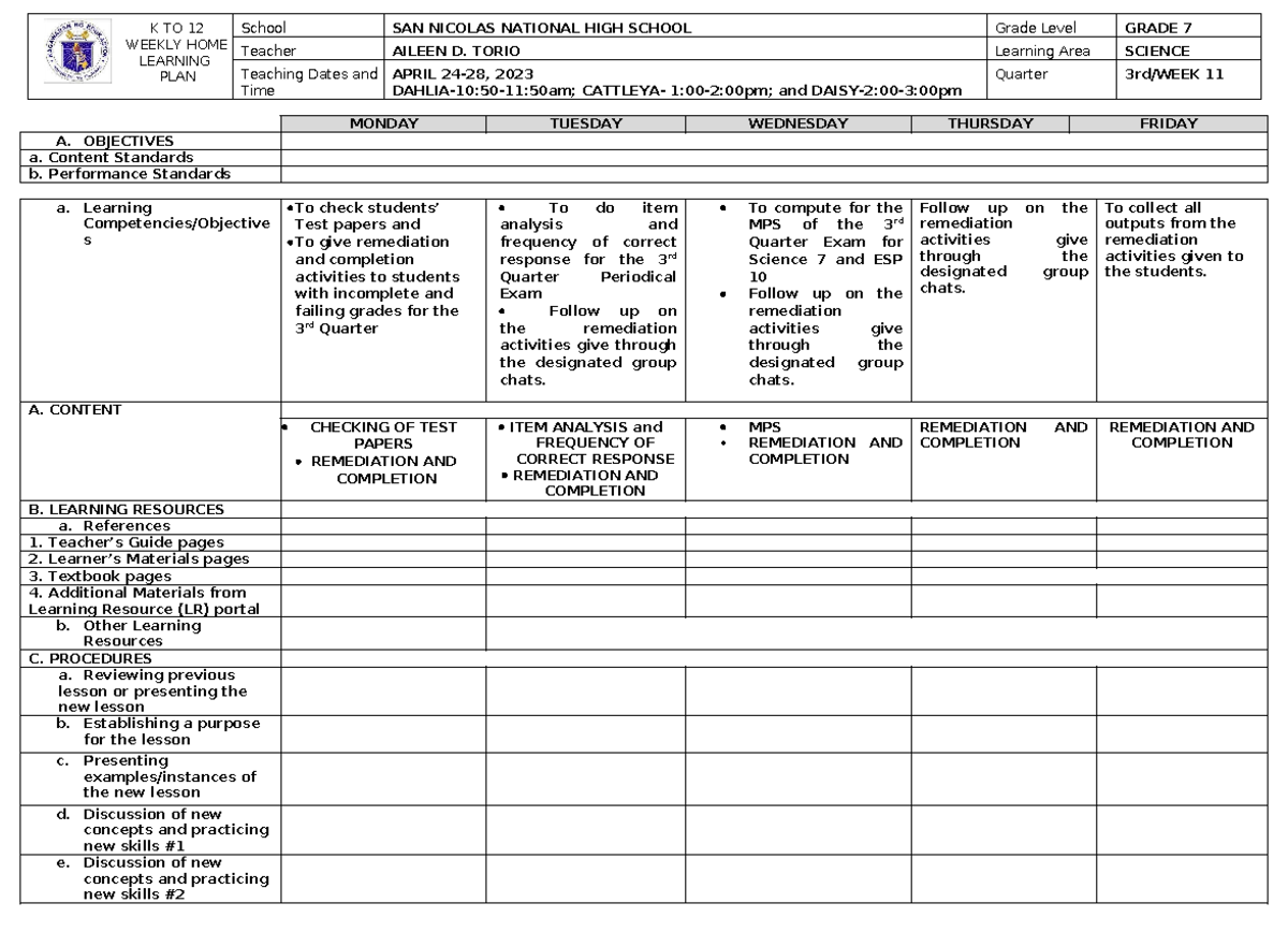 Week 11 Lecture Notes In Science 7 K To 12 Weekly Home Learning Plan School San Nicolas