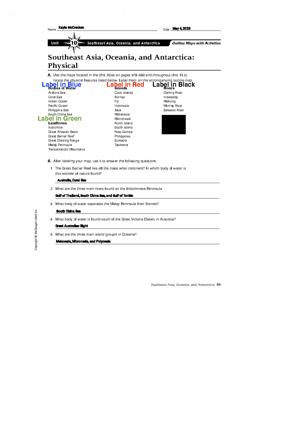 Ch 30 Oceania Physical Map - Southeast Asia, Oceania, and Antarctica 99 ...