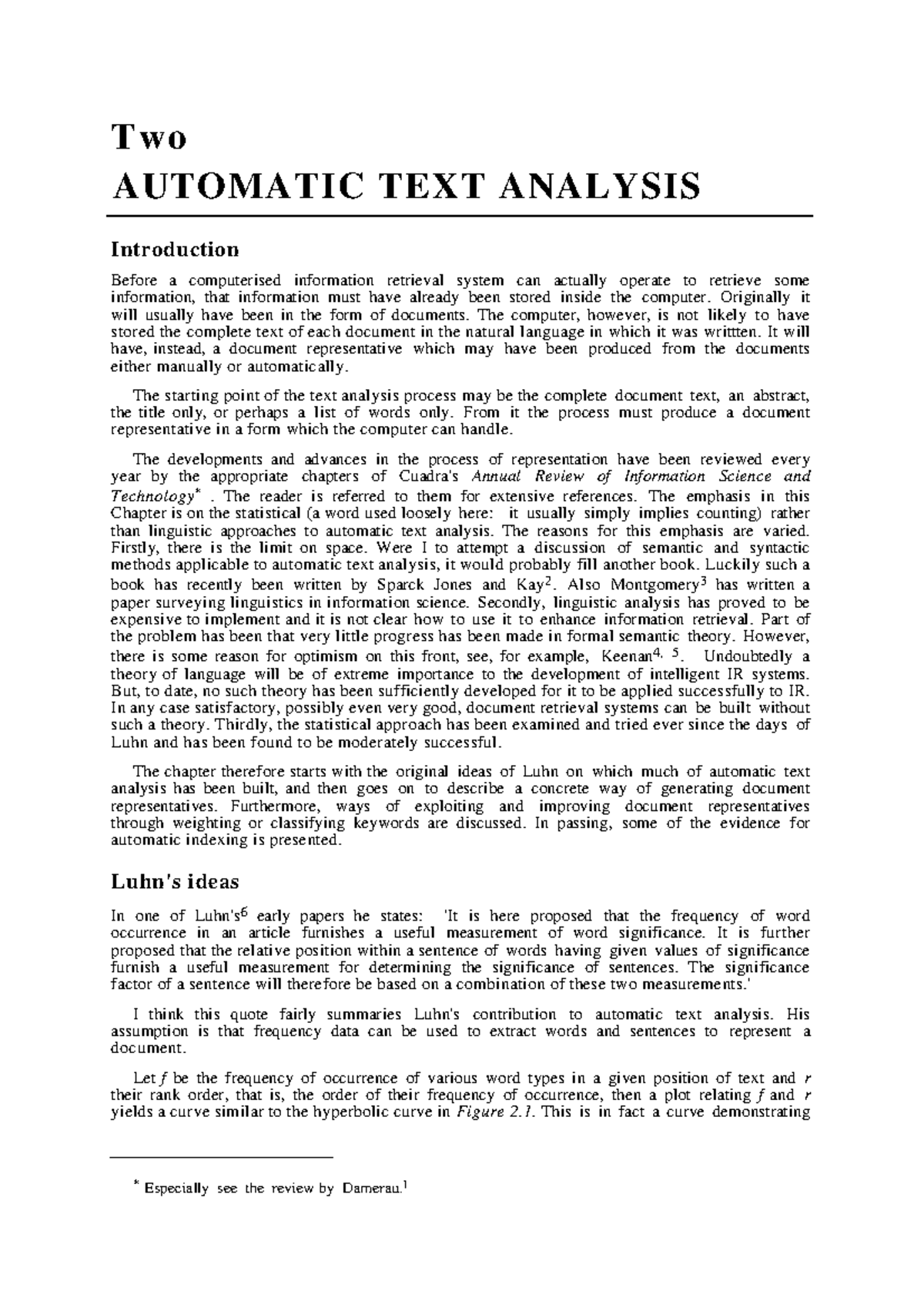 Chapter 2 - Two AUTOMATIC TEXT ANALYSIS Introduction Before a ...