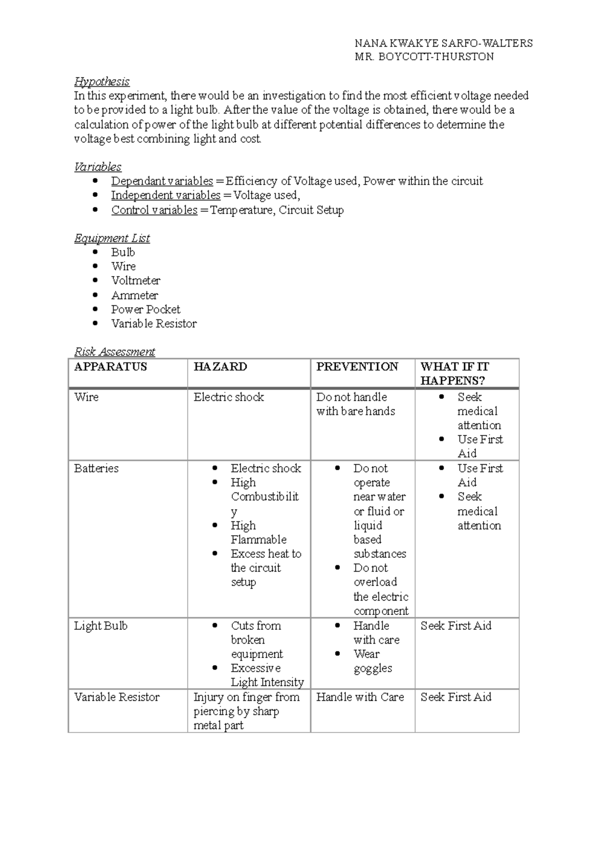 Document 1 for physics fam - MR. BOYCOTT-THURSTON Hypothesis In this ...