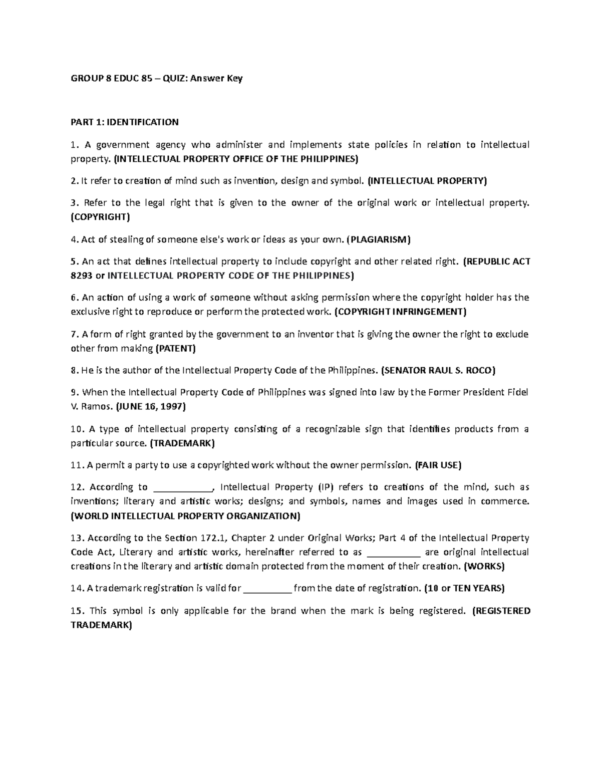 Group 8 EDUC 85 - Answer Key - GROUP 8 EDUC 85 – QUIZ: Answer Key PART ...