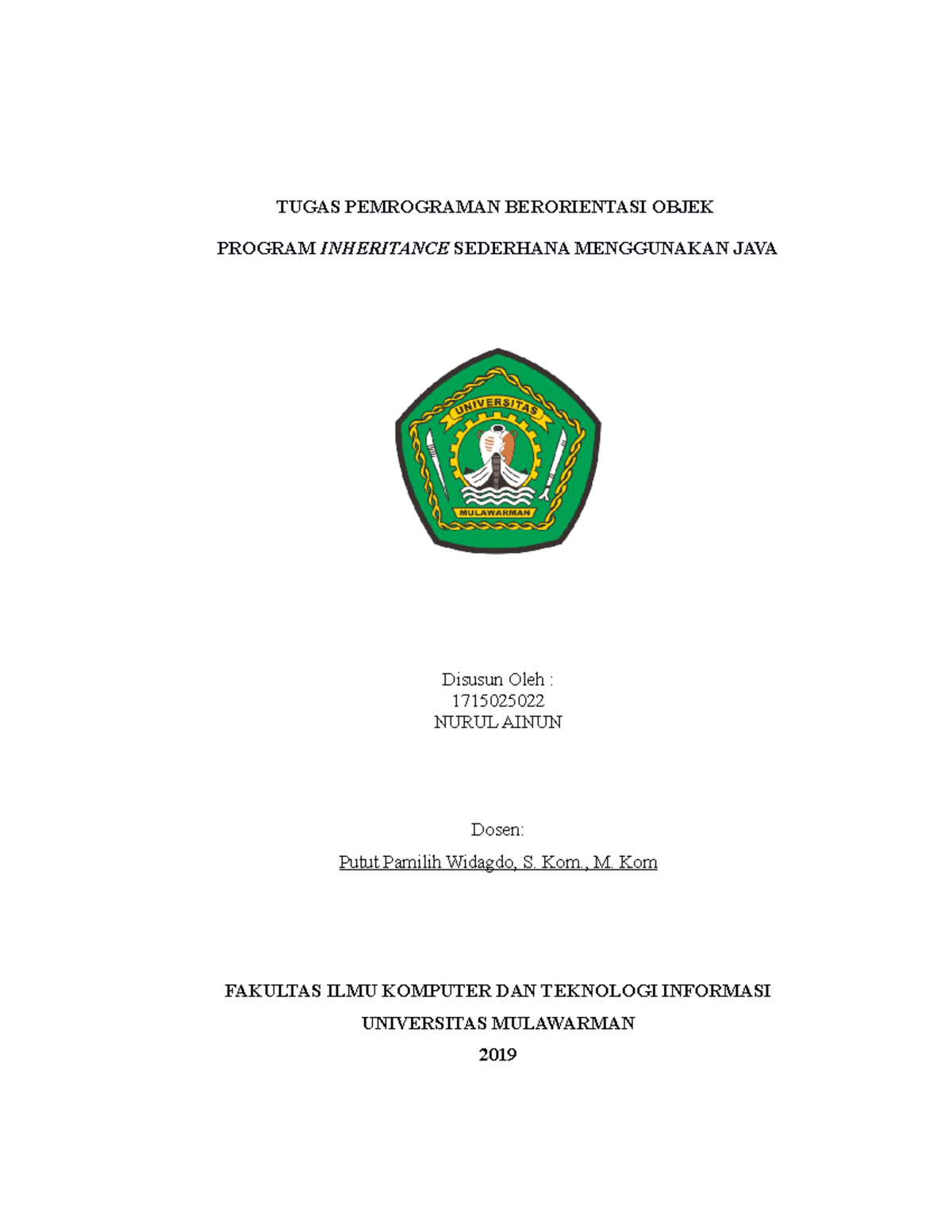 Tugas Pemrograman Berorientasi Objek 2 Inheritance Nurul Ainun 1715025022 Tugas