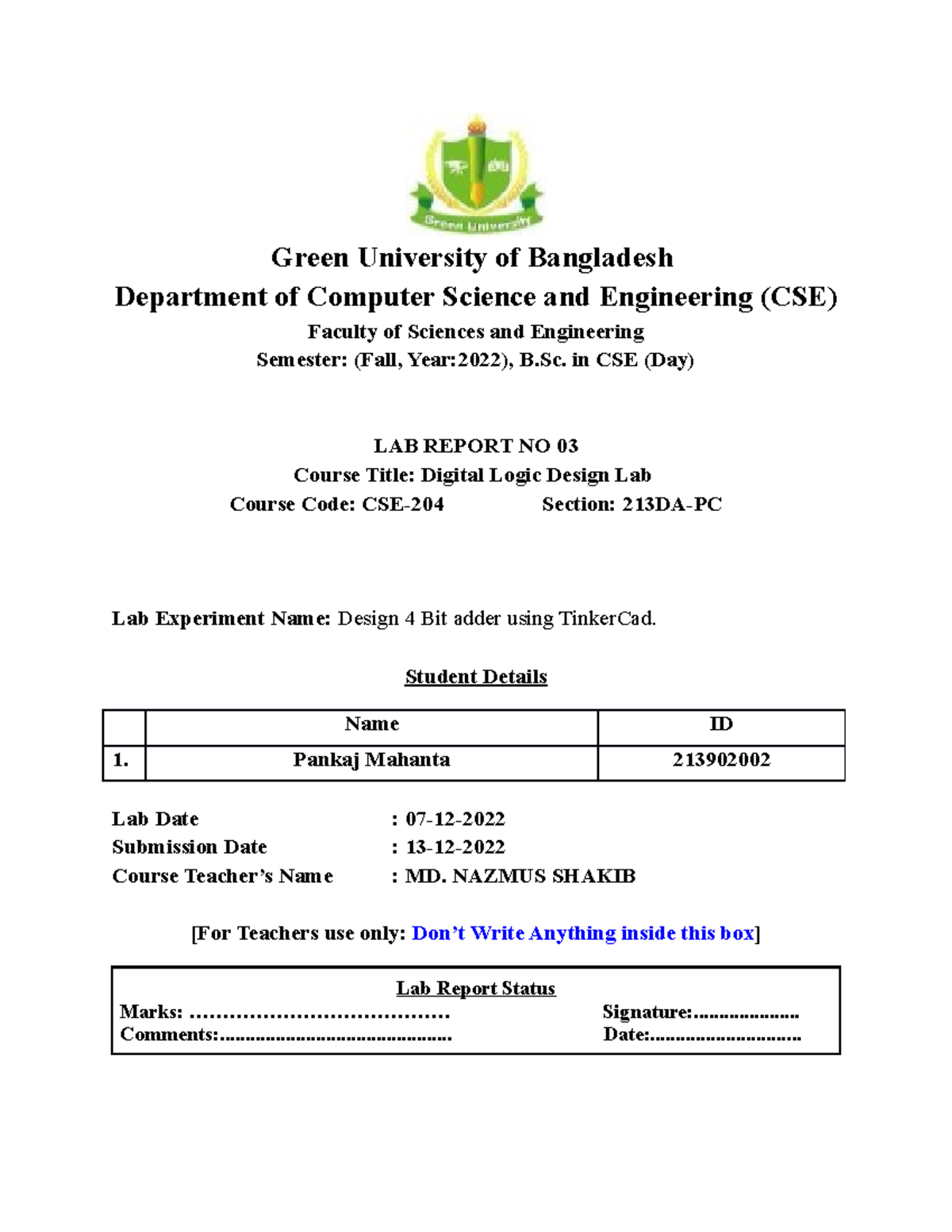 Lab Report 3 DLD - Green University of Bangladesh Department of ...