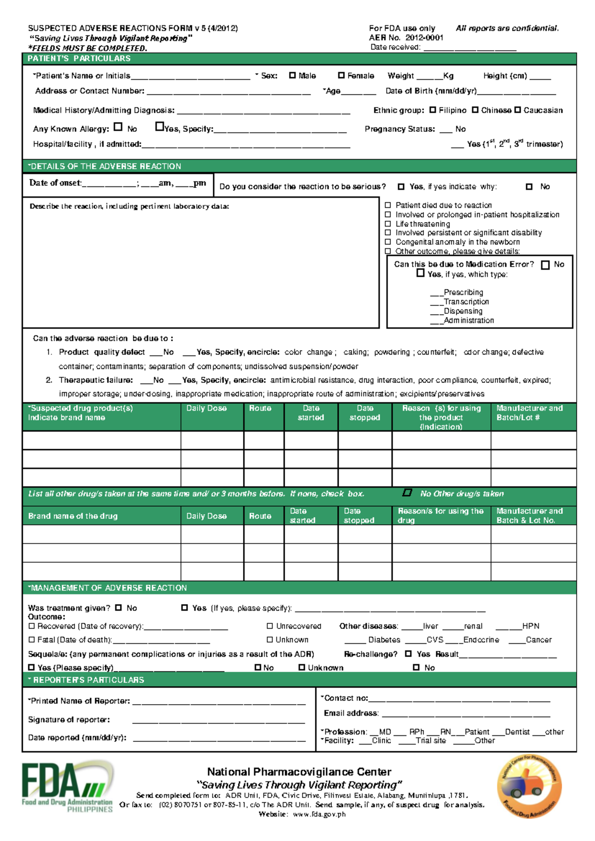 Adr form PH - National Pharmacovigilance Center “Saving Lives Through ...