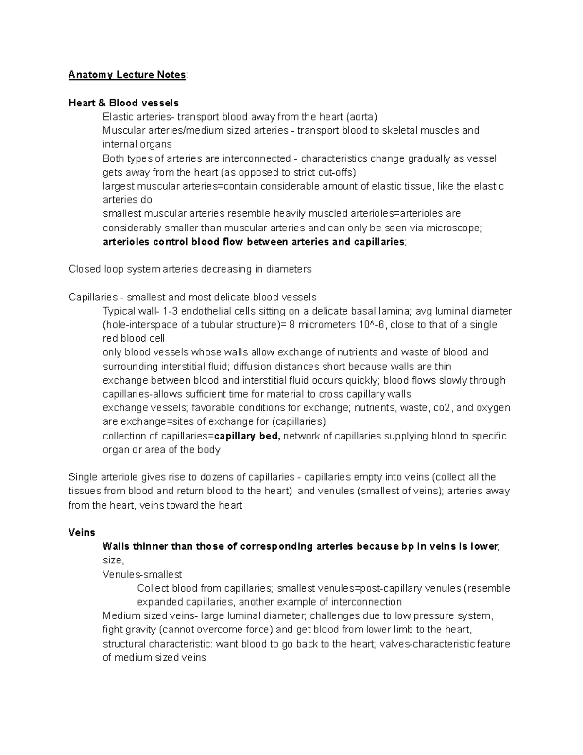 Anatomy Lecture Notes - Anatomy Lecture Notes: Heart & Blood vessels ...