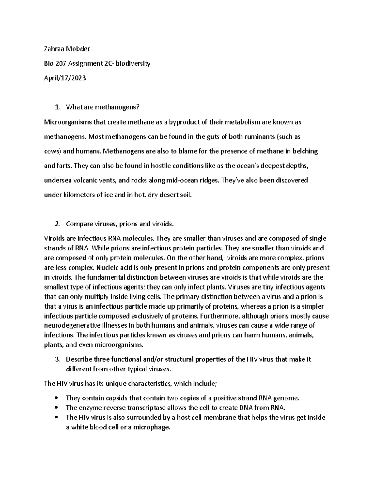 Bio 207 assignmnet 2C - assignment questions and answers - Zahraa ...