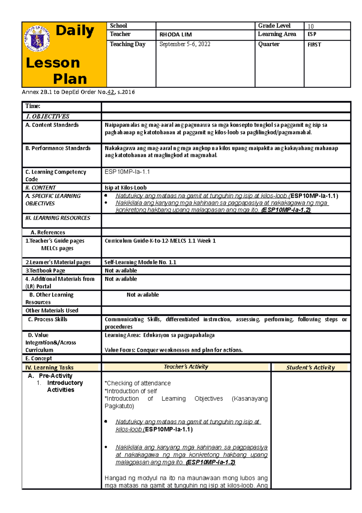 ESP 10- Q1 wk 1 - OUTLINE OF THE COURSE - Daily Lesson Plan School ...